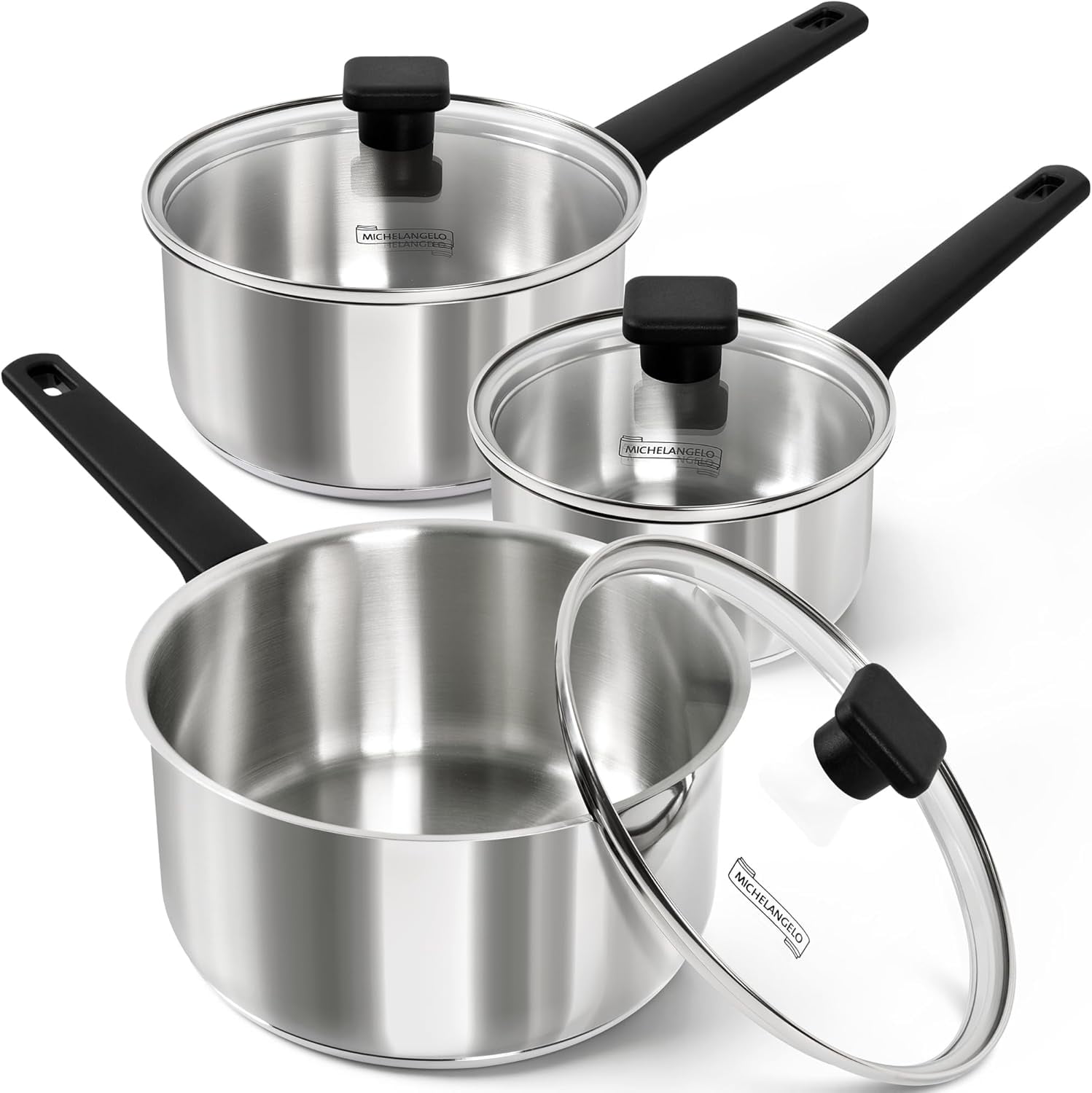 Saucepan Bundle—1, 2, 3 Quart, Tri - Ply Stainless Steel, Square - Knob ...