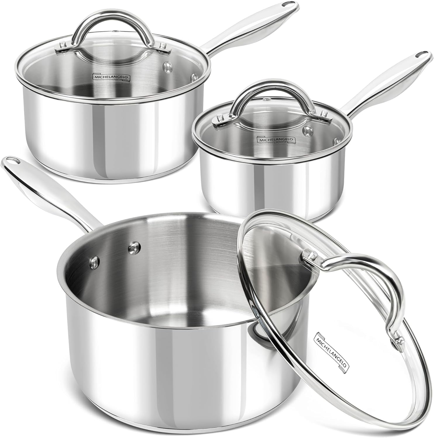 Saucepan Set 6pc 18/10 Stainless Steel Sauce Pan with Lid Tri-Ply ...