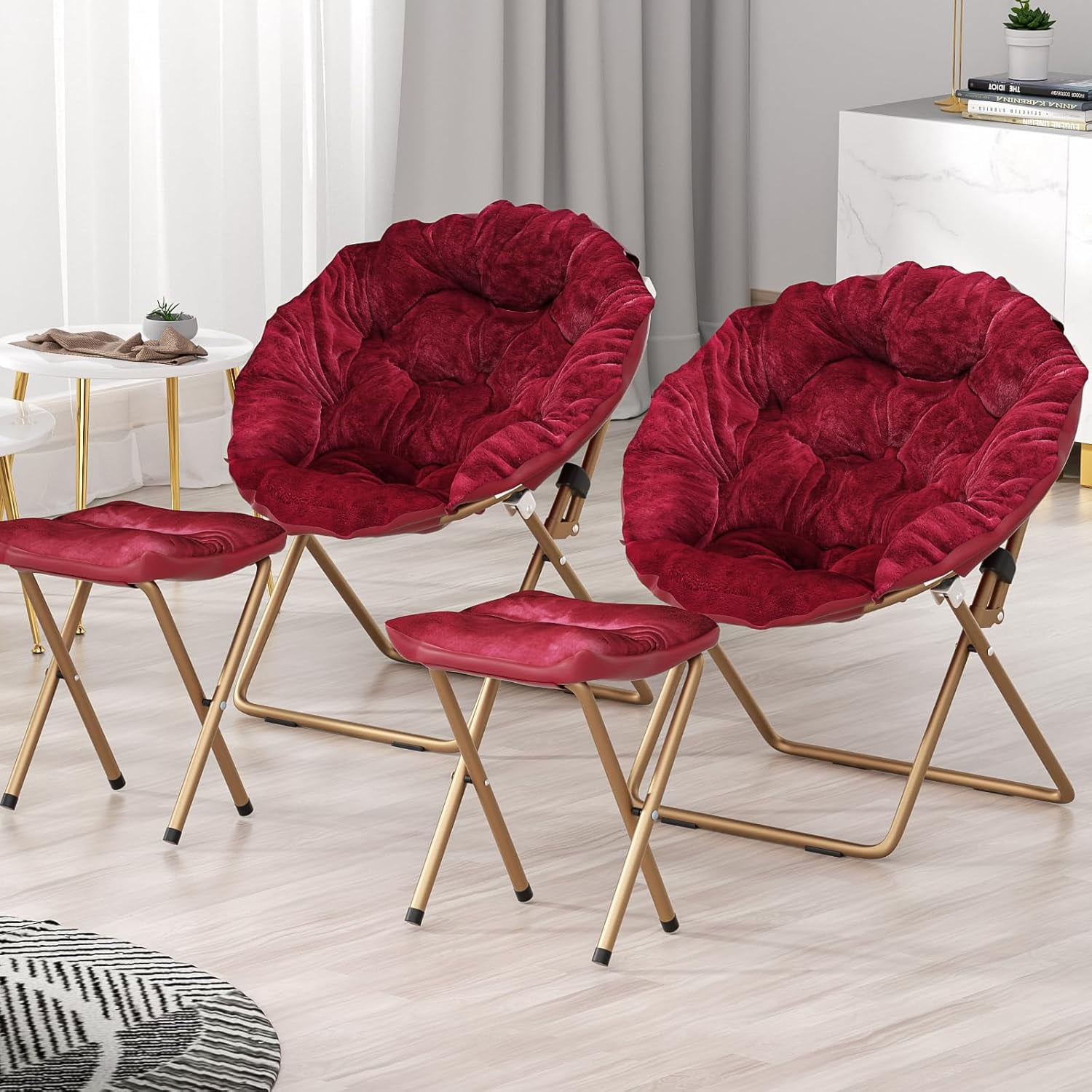 Saucer Chair Set of 2 with Footrest, Metal Frame Cozy Lounge Lazy Chair ...