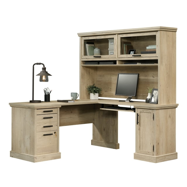 Sauder Aspen Post Engineered Wood L-Desk with Hutch in Prime Oak Finish ...