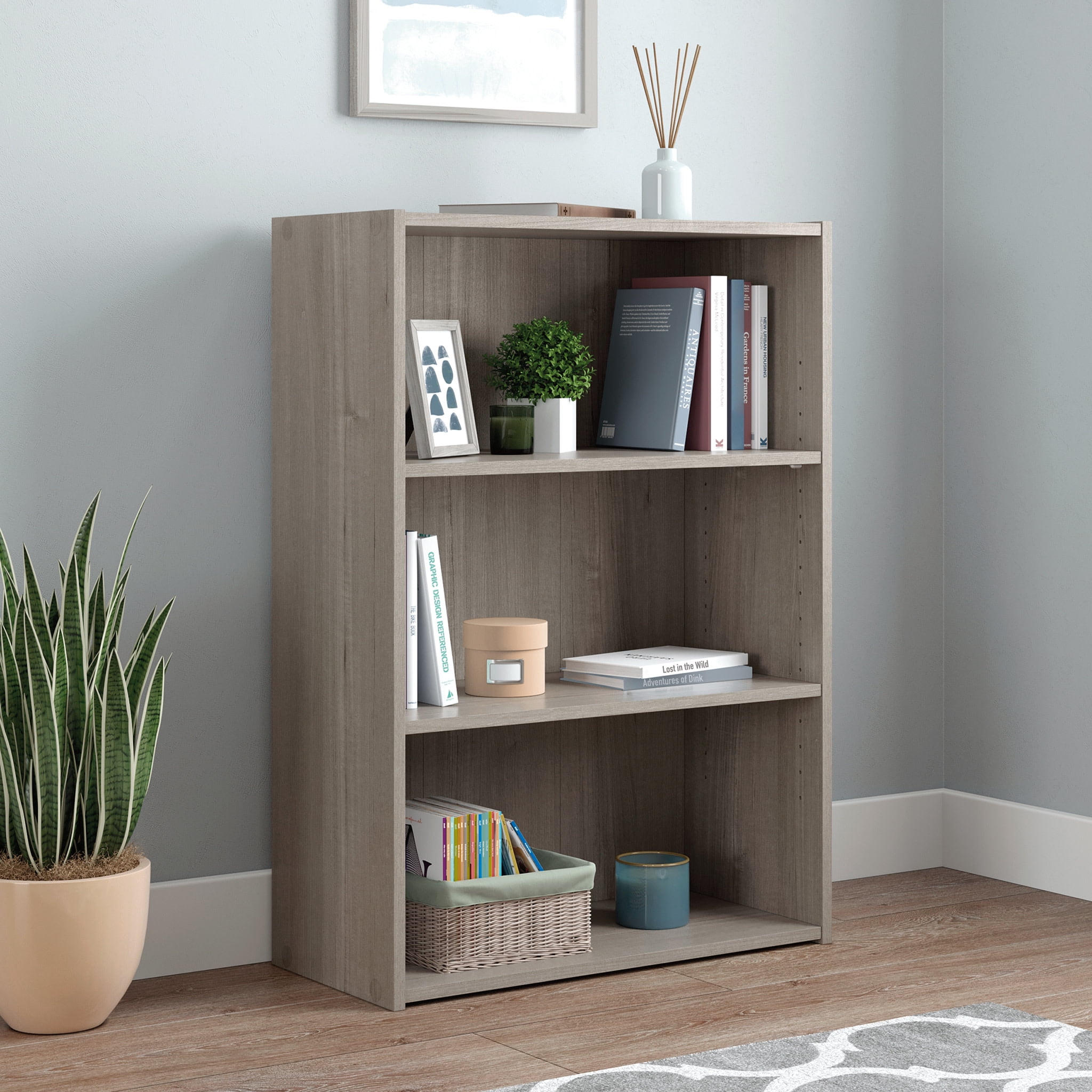 Sauder Beginnings Small 3-Shelf Bookcase, Silver Sycamore Finish ...