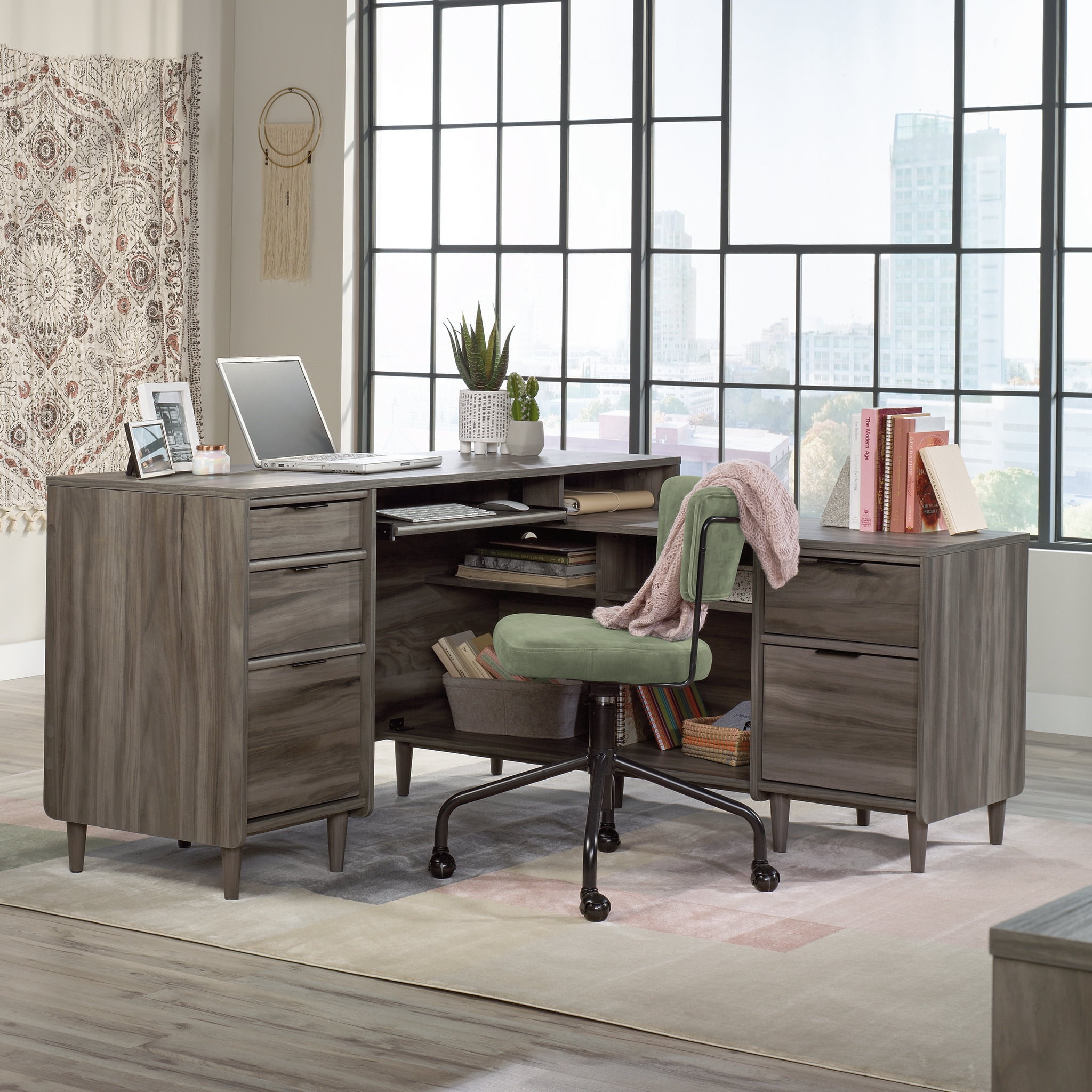 Sauder Clifford Place Engineered Wood L-Shaped Desk in Jet Acacia/Dark ...