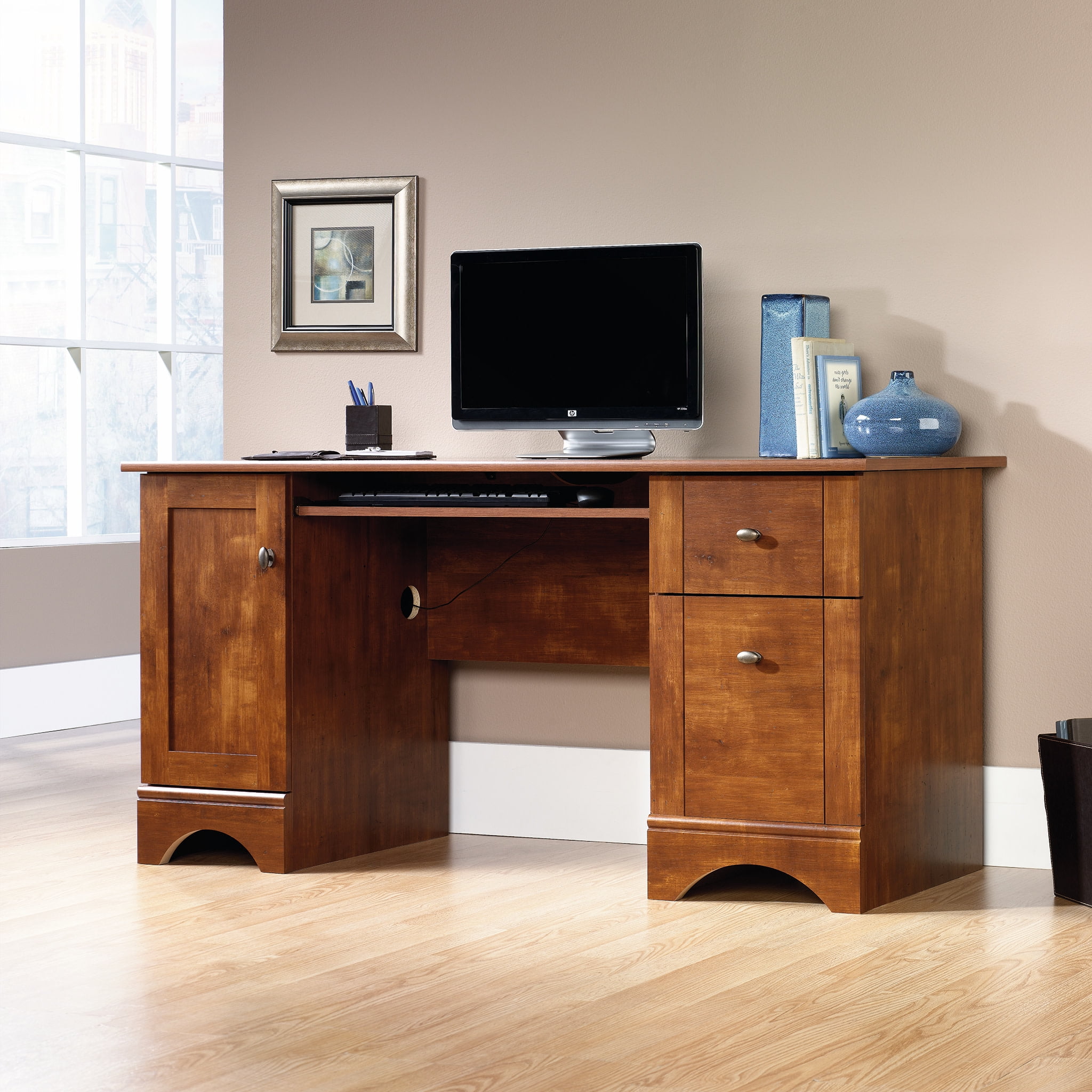 Free Shipping Sauder Home Office Computer Desk Brushed Maple Finish Walmart