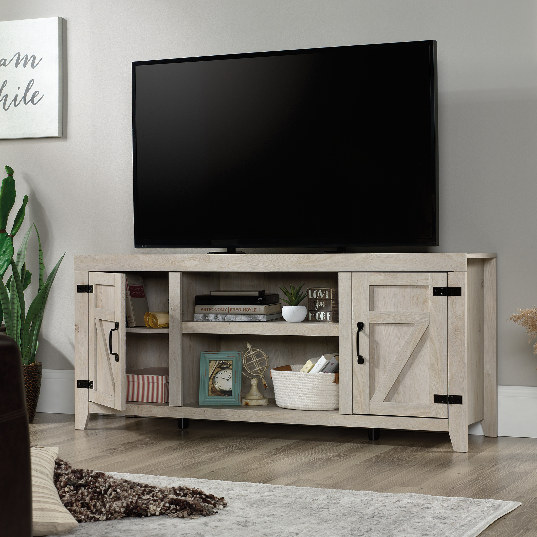 Sauder Farmhouse TV Stand, for TVs up to 70", Chalked Chestnut Finish ...