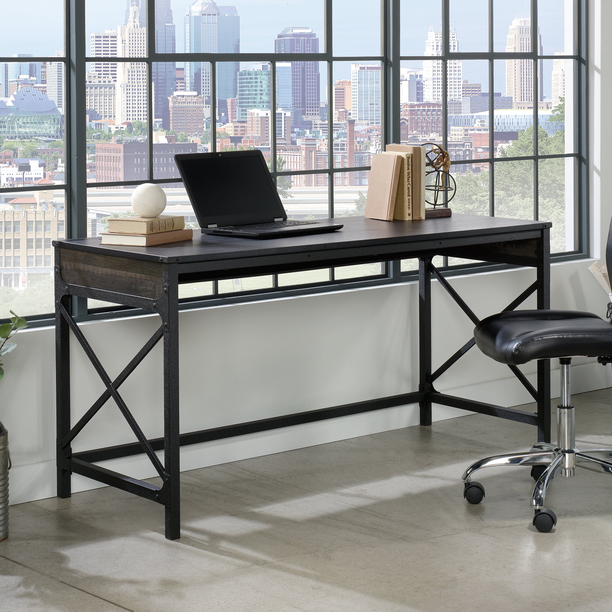 Sauder Foundry Road Engineered Wood/Metal 60x24 Table Desk in Carbon ...