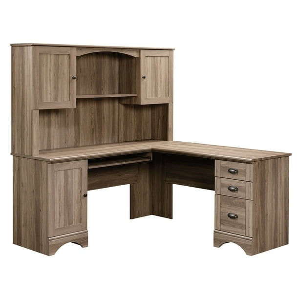 Sauder Harbor View Engineered Wood L-Desk with Hutch in Salt Oak Finish ...
