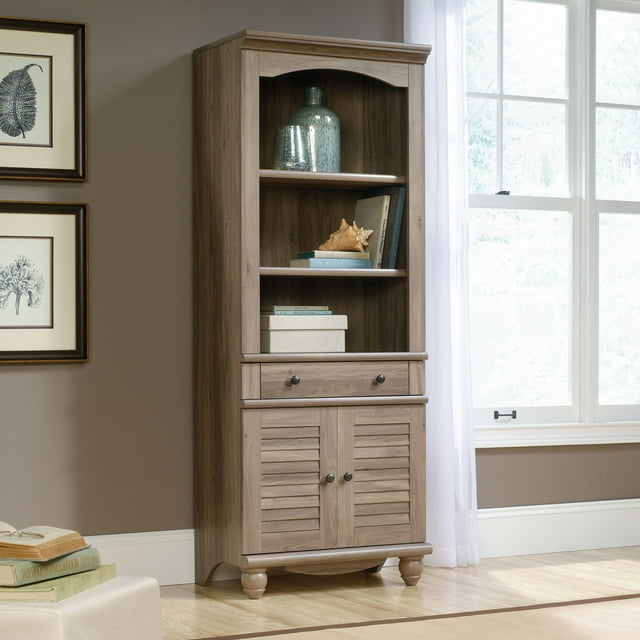 Sauder Harbor View Library Bookcase with Doors, Salt Oak Finish ...