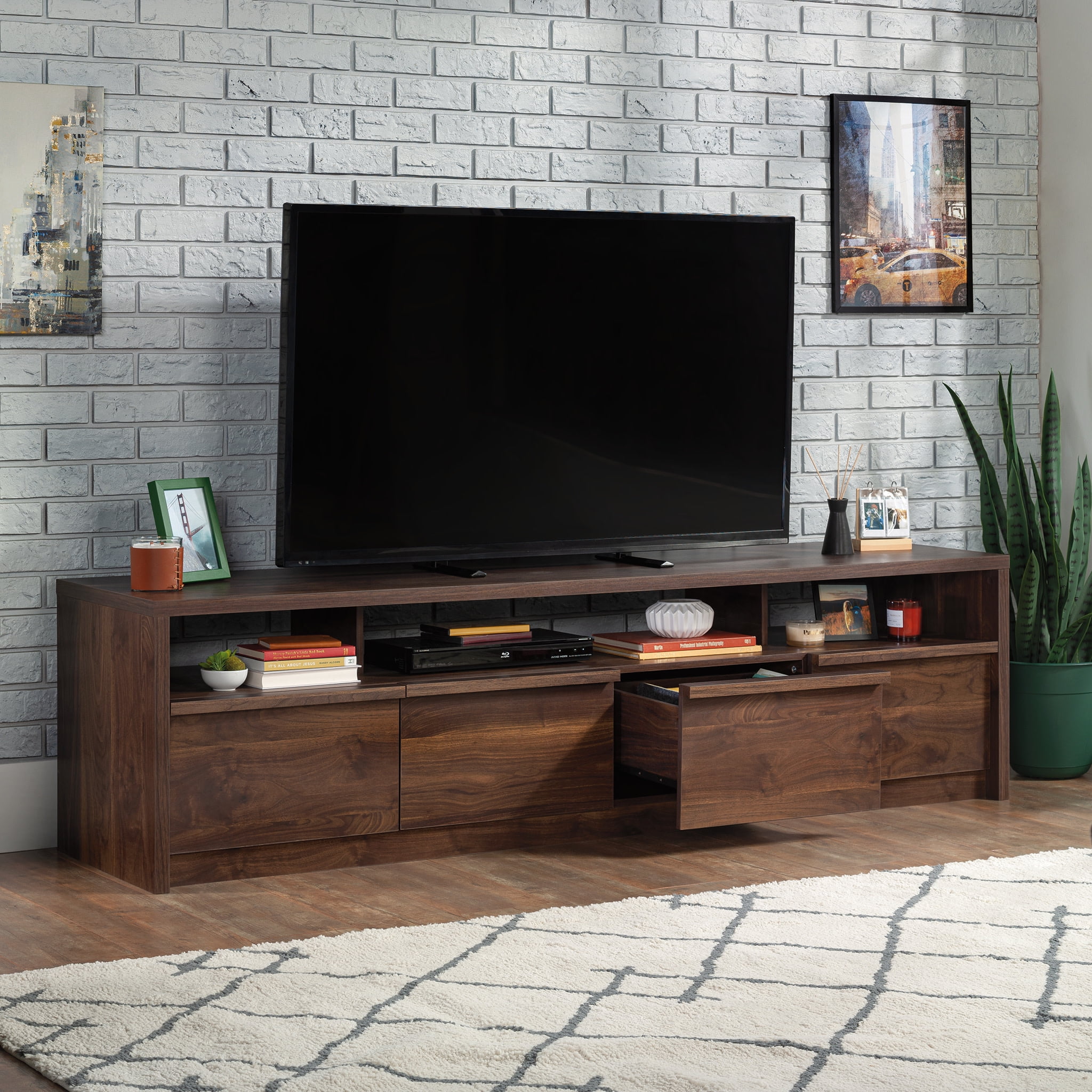 Sauder Harvey Park Engineered Wood Credenza in Grand Walnut Finish ...
