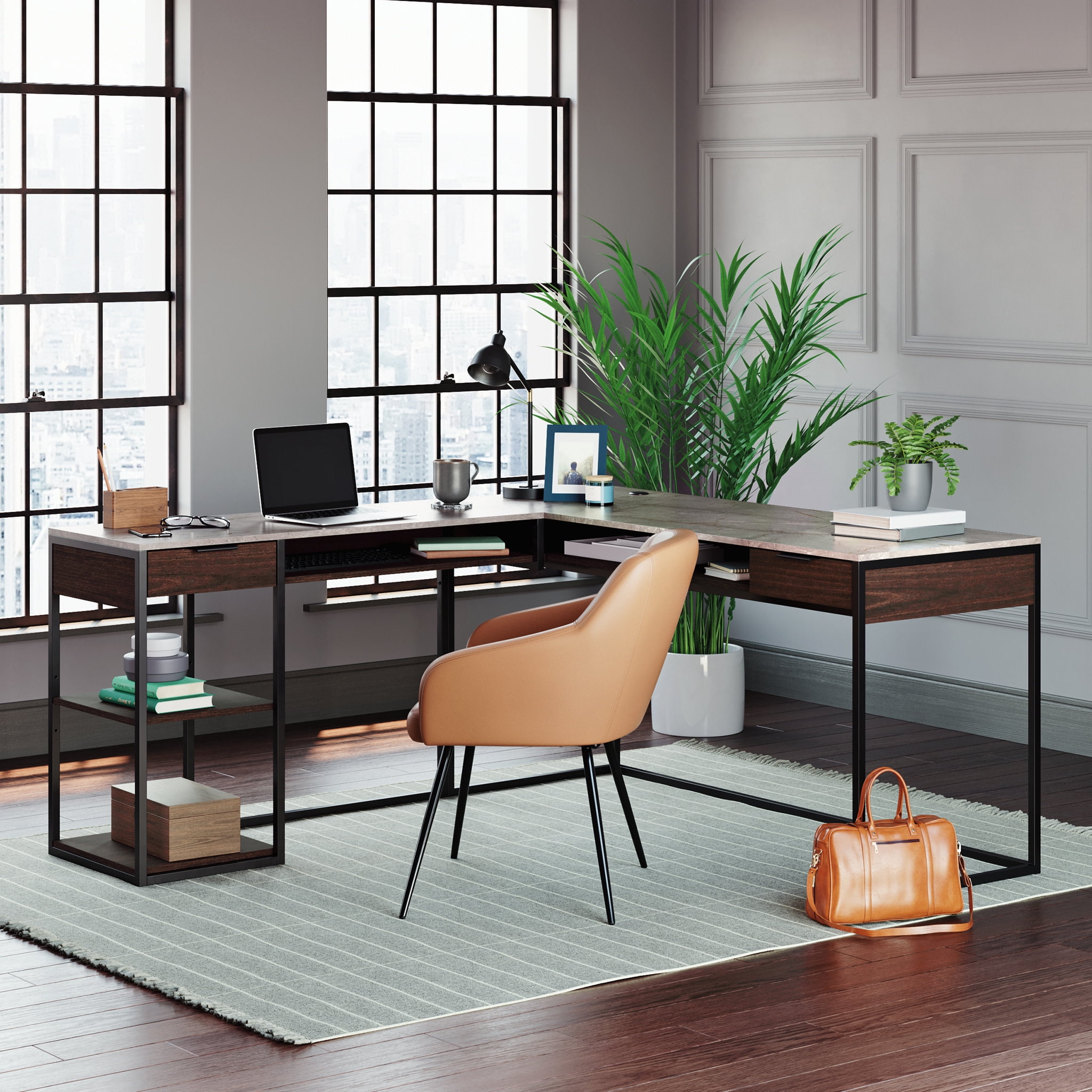 Sauder International Lux Engineered Wood L Shape Desk in Deco Stone Gray
