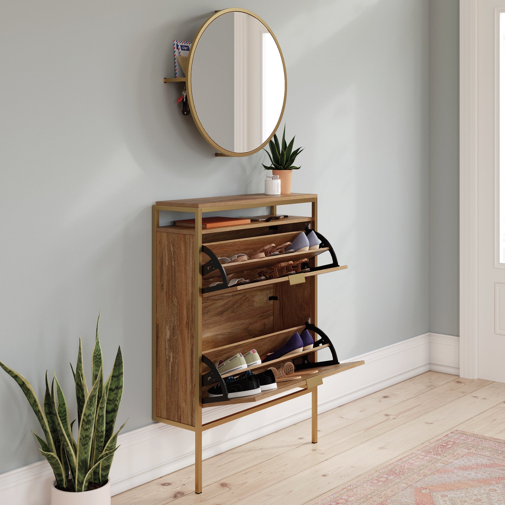 Sauder International Lux Wall Mount Entryway Shoe Cabinet with Mirror Sindoori Mango Finish Walmart Business Supplies