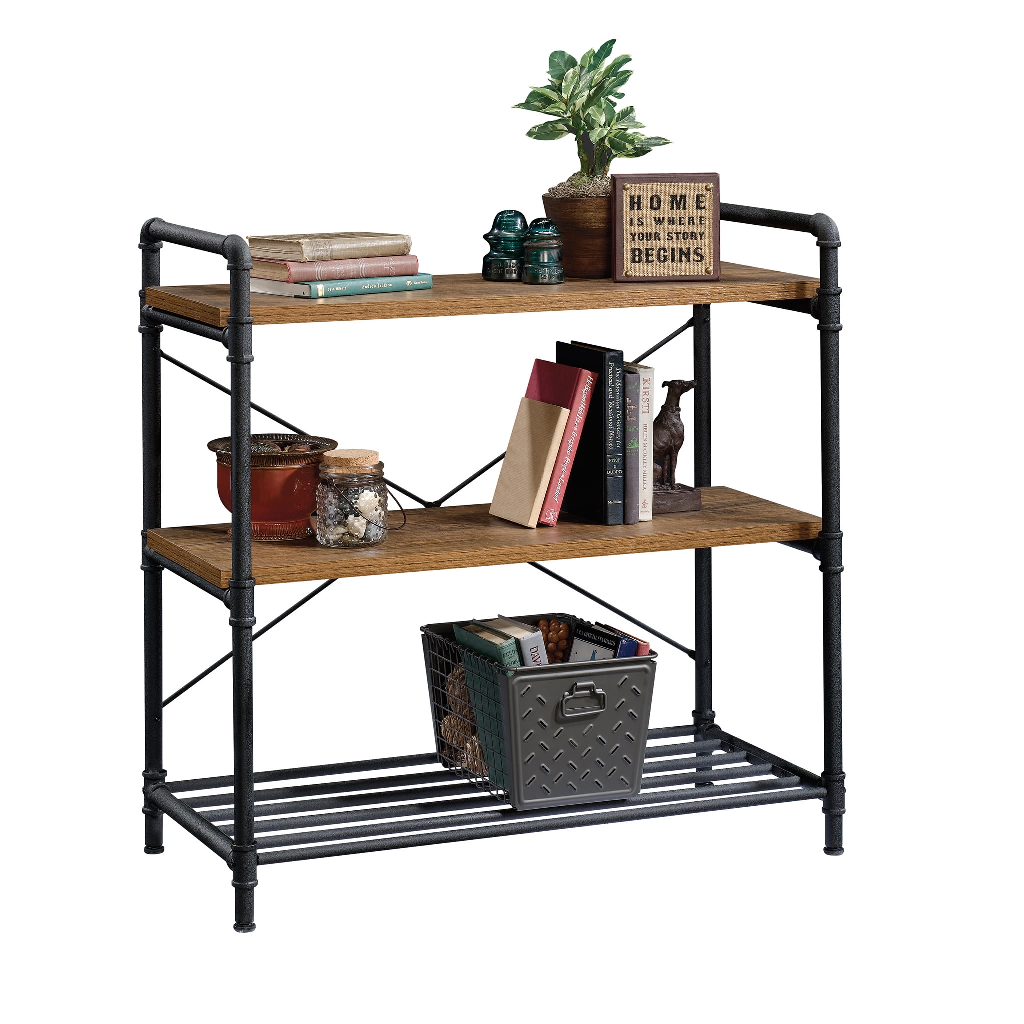 Sauder Iron City 3-Shelf Console Table, for TVs up to 32", Checked Oak ...