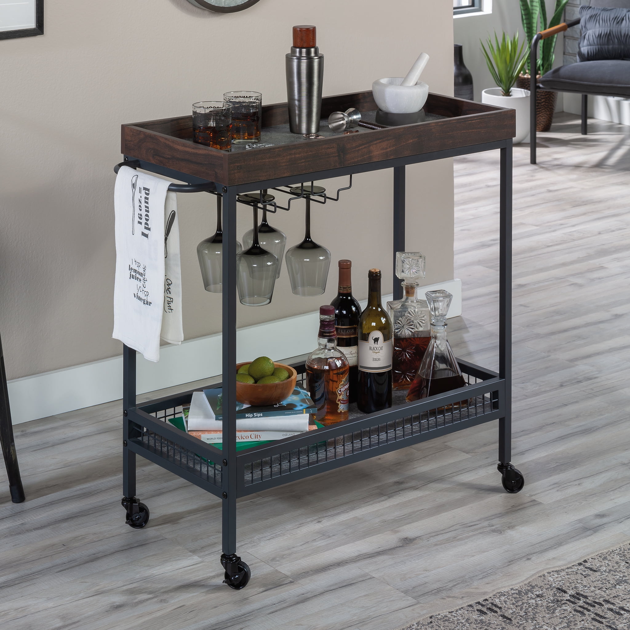 Sauder Market Commons Modern Rolling Bar Cart, Rich Walnut Finish ...