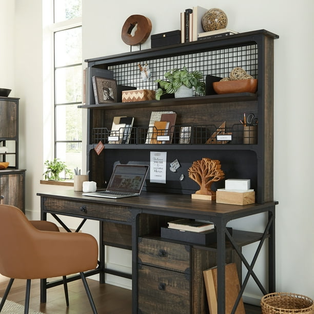 Sauder Steel River Engineered Wood Computer Hutch in Carbon Oak Finish ...
