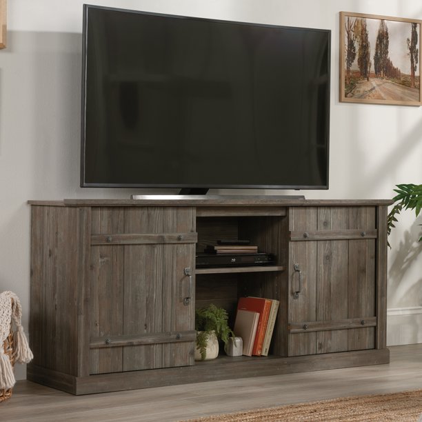 Sauder TV Stand with Sliding Doors, for TVs up to 70", Pebble Pine ...