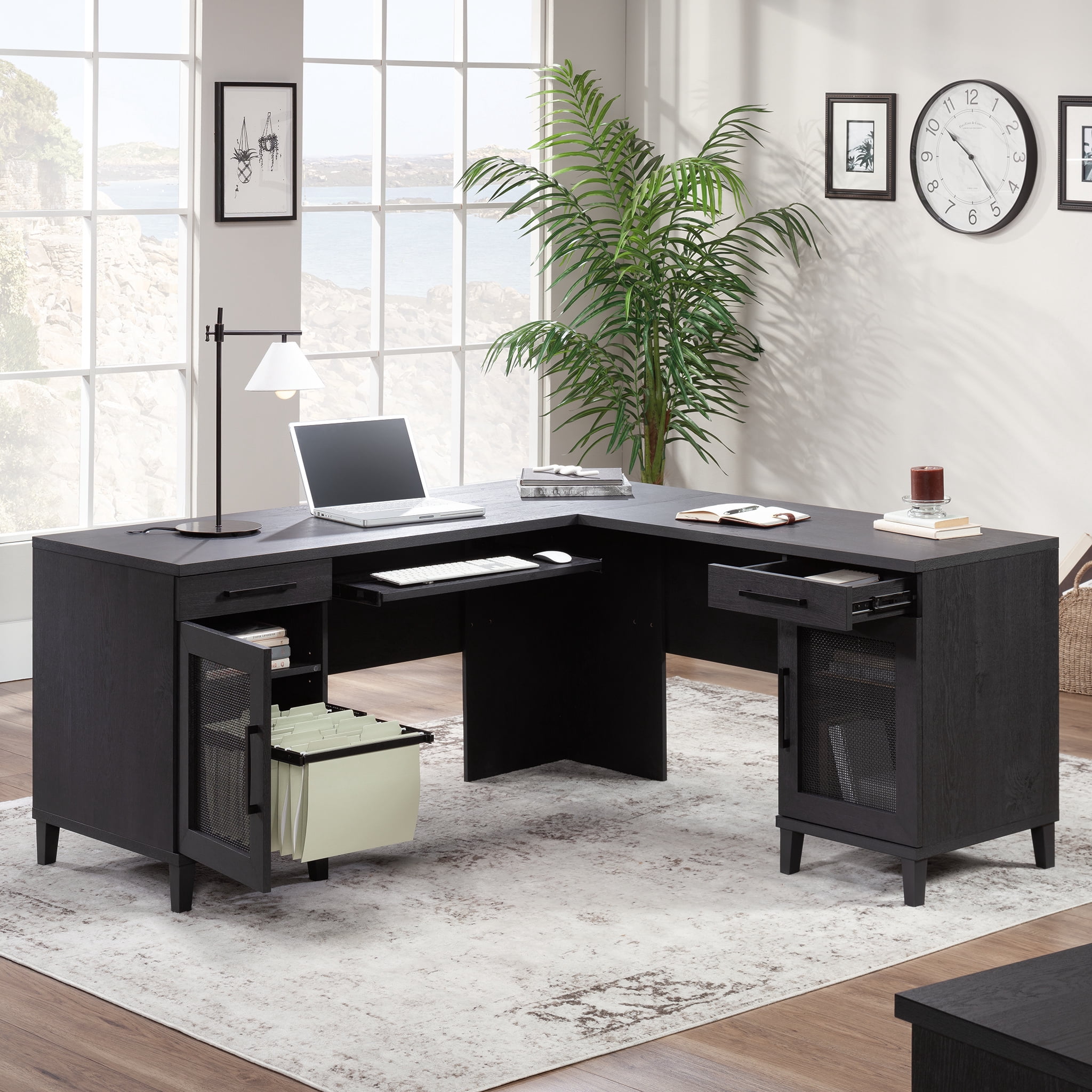Sauder Tiffin Line Coastal Engineered Wood L-Desk in Raven Oak ...