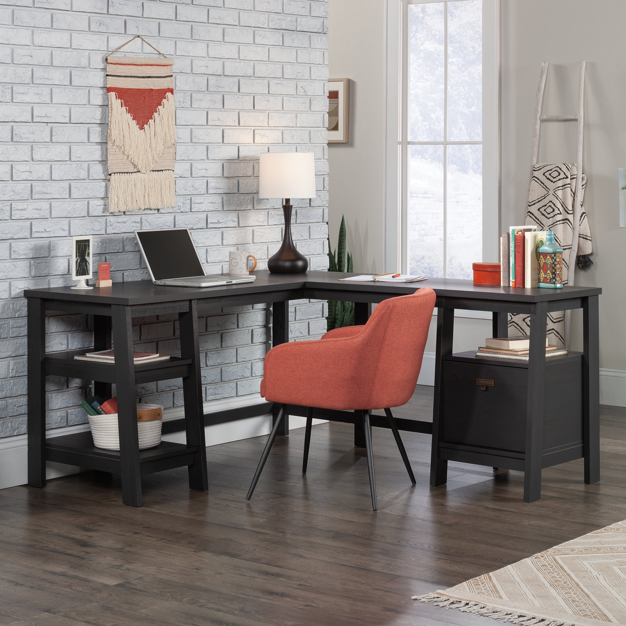 Sauder Trestle Transitional L Shaped Writing Desk Raven Oak Finish Walmart