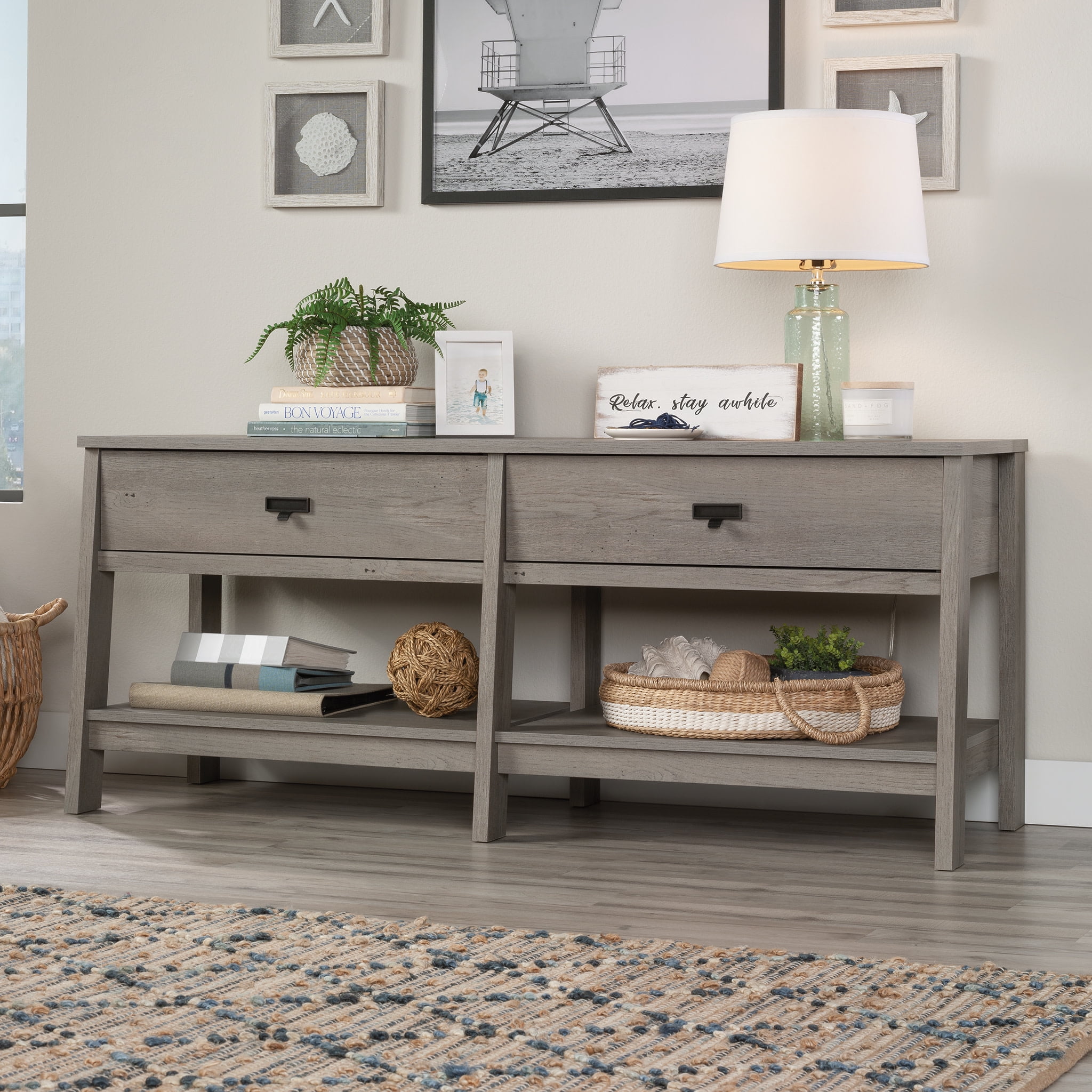 Sauder Trestle TV Stand with Drawers in Mystic Oak for TVs up to 60 ...