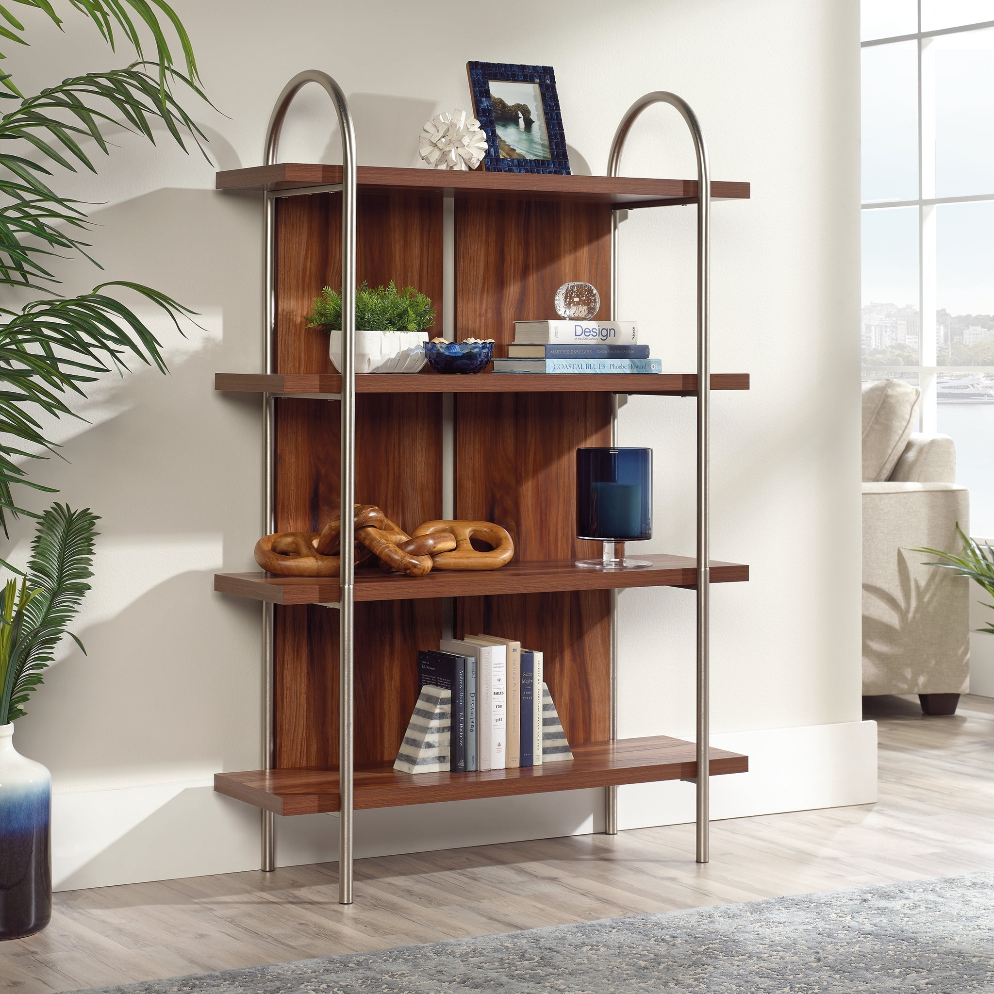 Sauder Vista Key Modern 4-Shelf Wood and Metal Bookcase in Pearl Oak ...