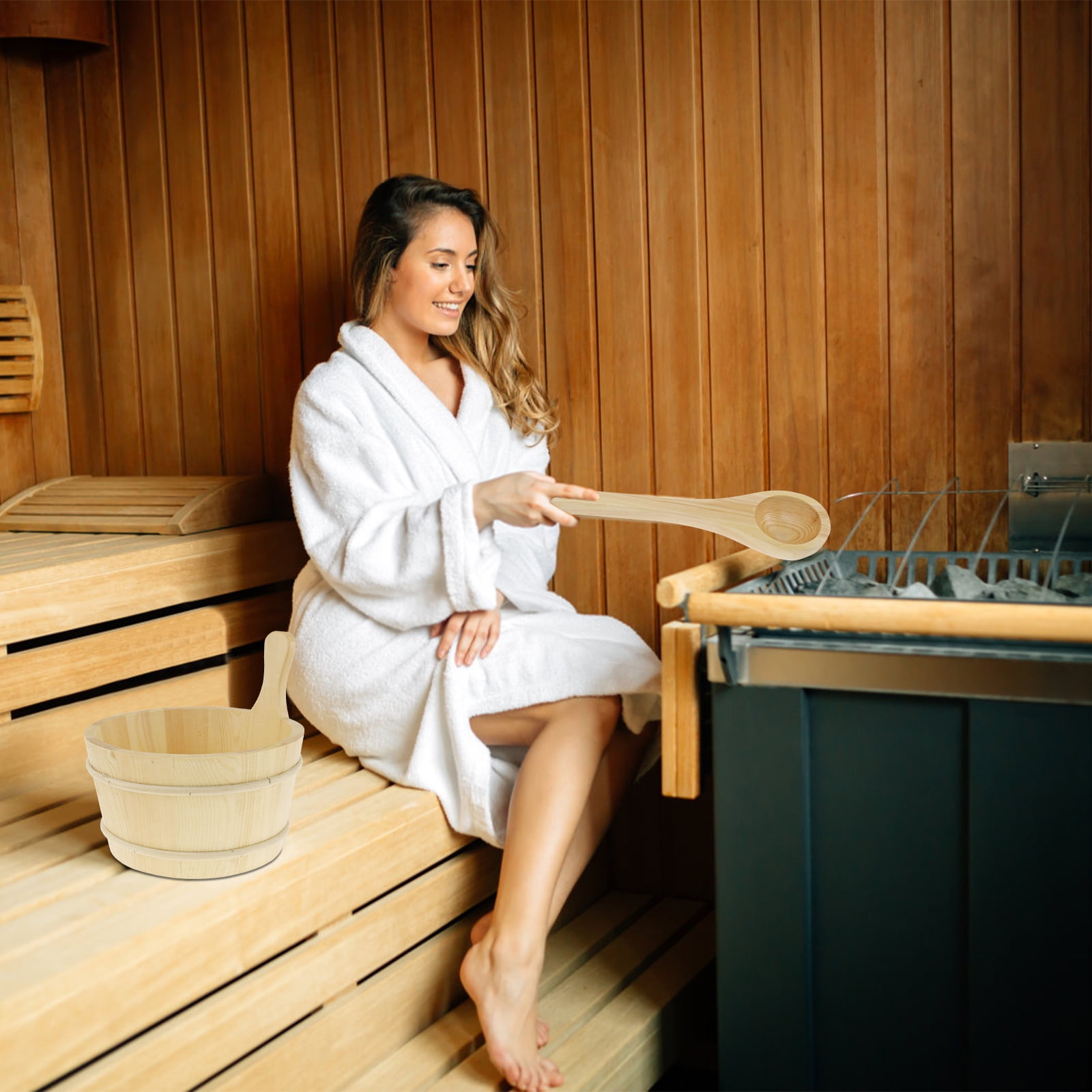 Sauna Bucket and Ladle Set 4L Wooden Sauna Bucket with Handle Practical ...