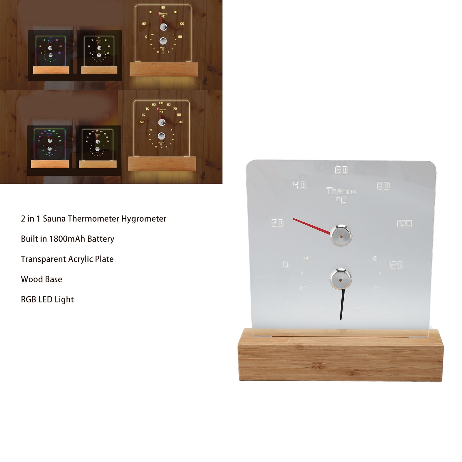 Sauna Thermometer Hygrometer With Wood Base, RGB LED Display Accurate ...