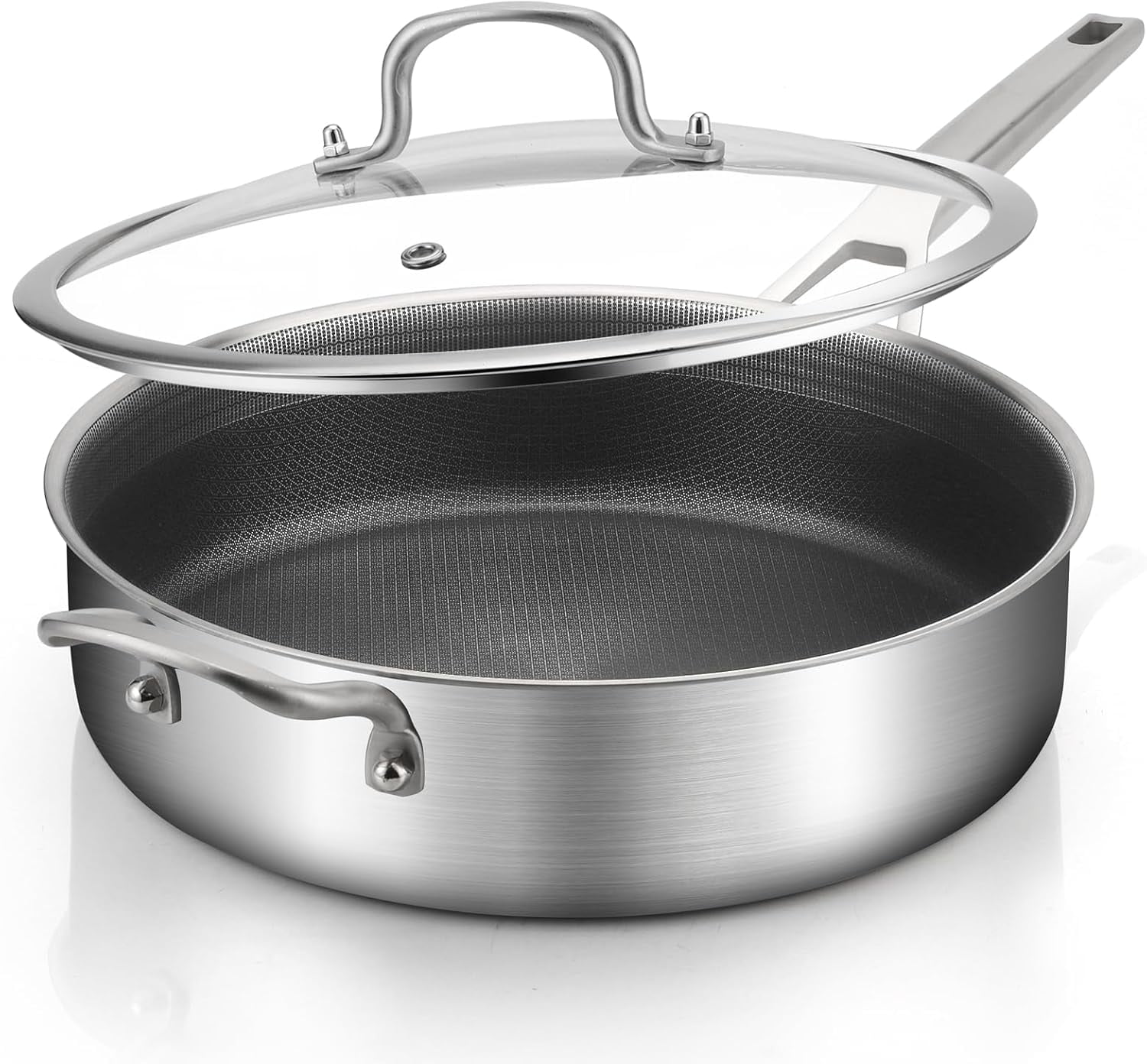 Saute Pan with Lid 5 Quarts, 12.5 Inch 18/10 Tri-Ply Nonstick Large ...