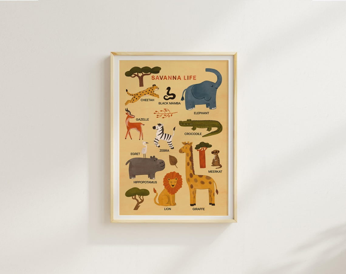 Savanna Life Poster - Fun & Educational Safari Wall Art, Cute Kids Room ...