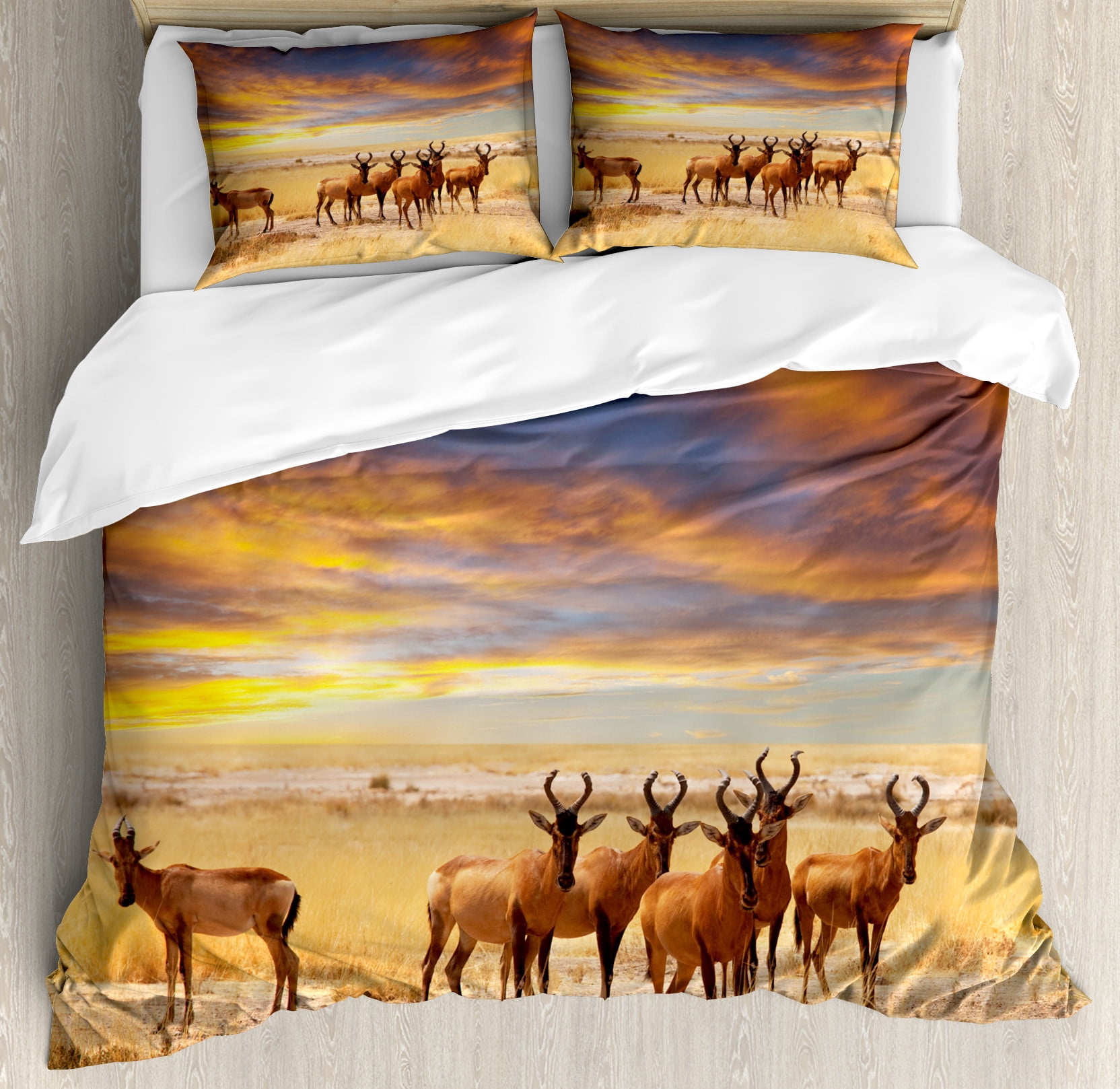 Savannah Duvet Cover Set, Antelope Crowd on Grassland at Sunset Tropic ...