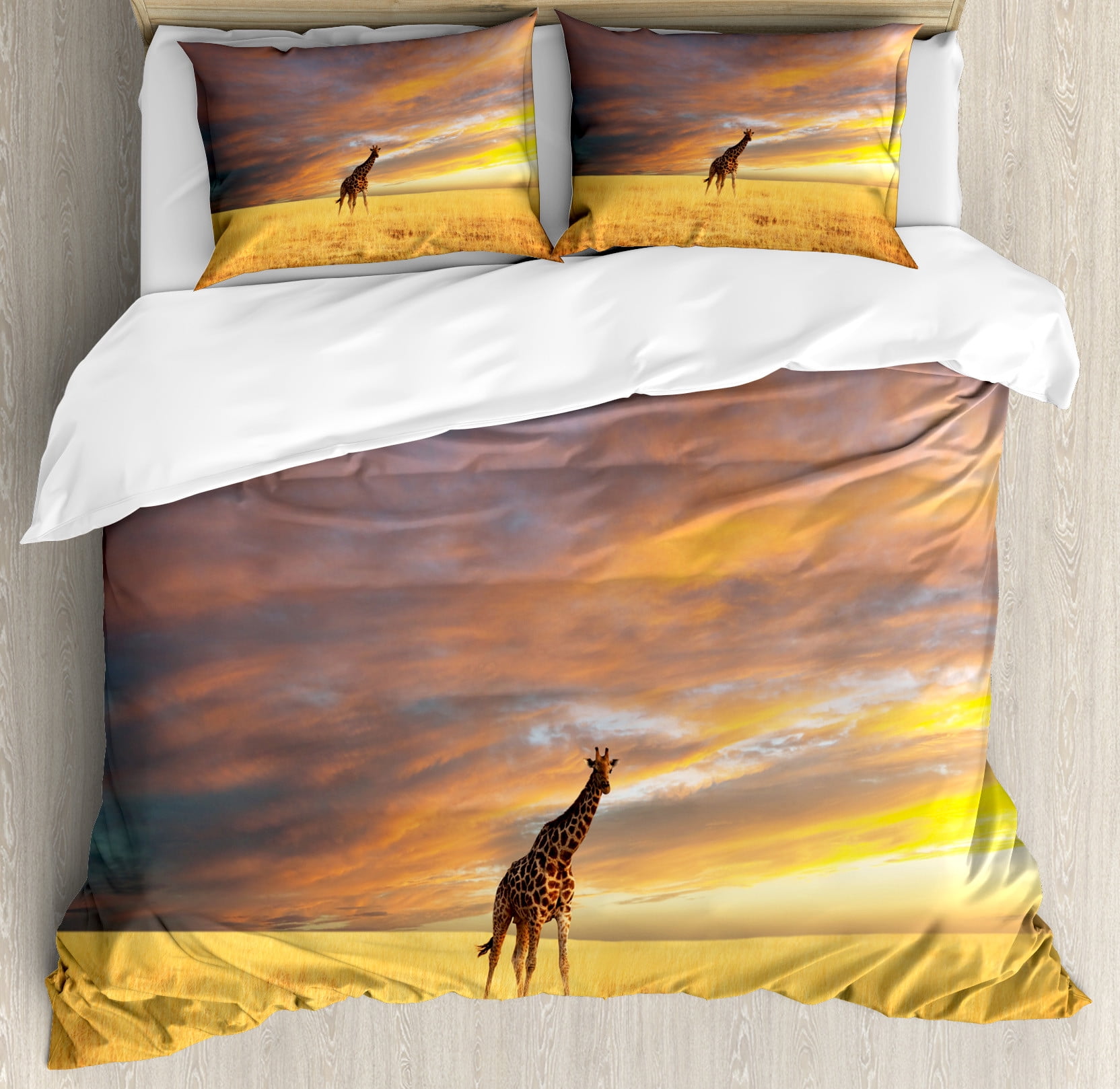 Savannah Duvet Cover Set, Giraffe in Savannah Colorful Cloudy Sky at ...