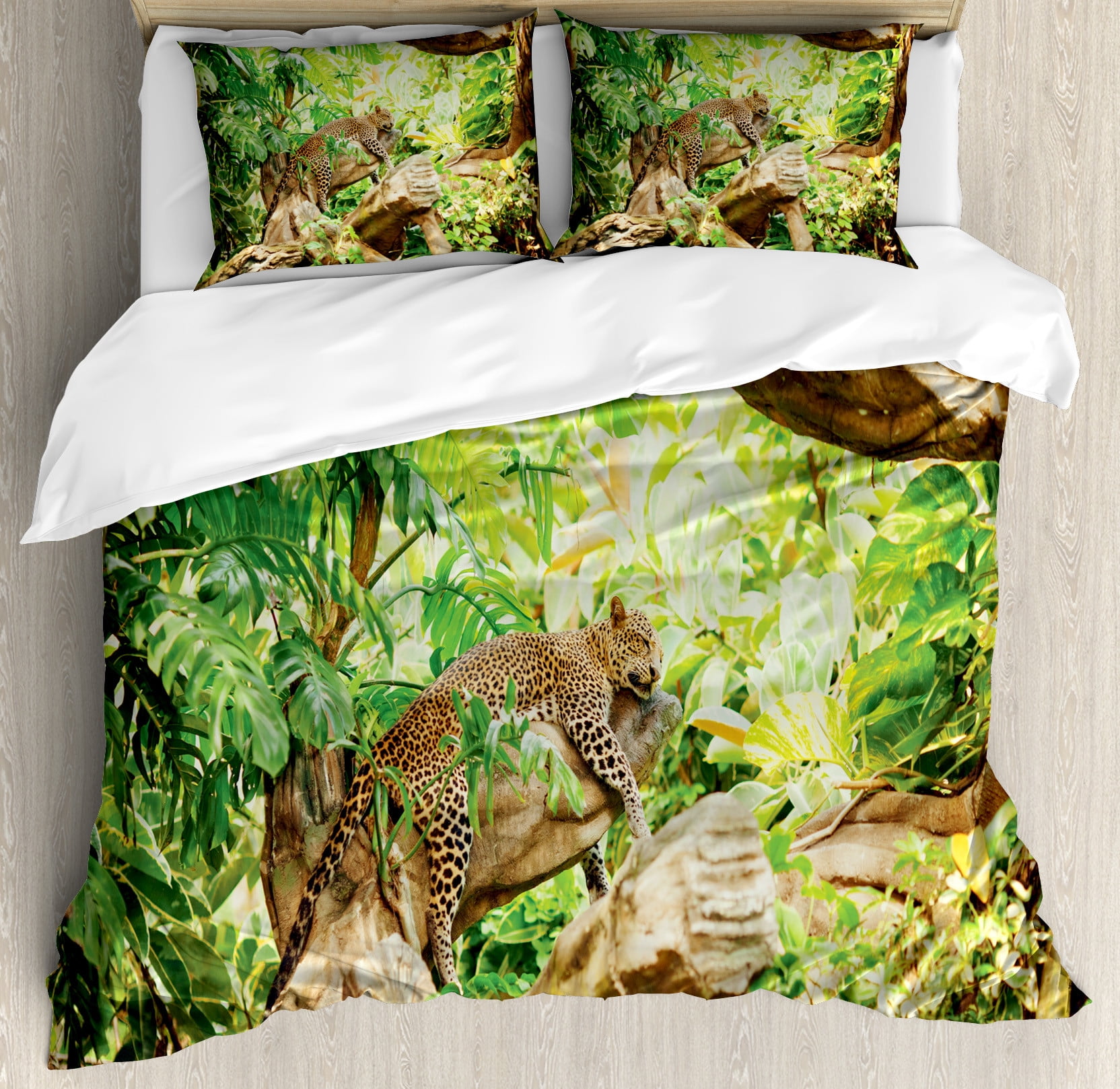 Ambesonne Leopard Duvet Cover Set, Tropic Wild Jungle Leaf, Queen ...