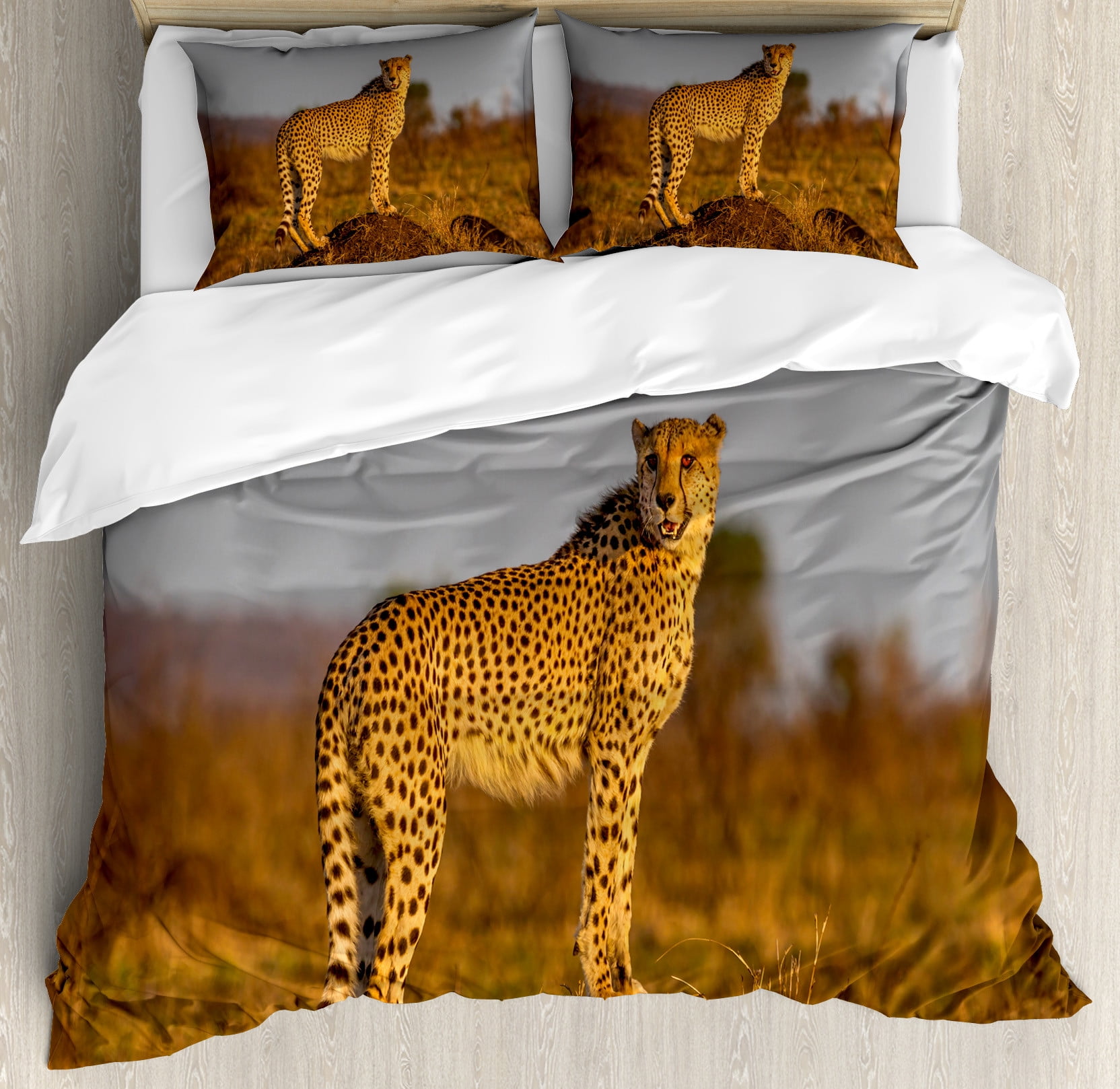 Savannah Duvet Cover Set, Wild Animal Cheetah Standing on Termite Mound ...