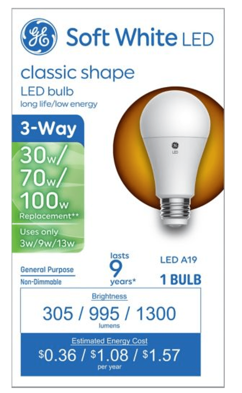 Savant 93130562 GE 3Way LED Light Bulb 30/70/100 Watt Replacement White A19 Bulb - Walmart.com