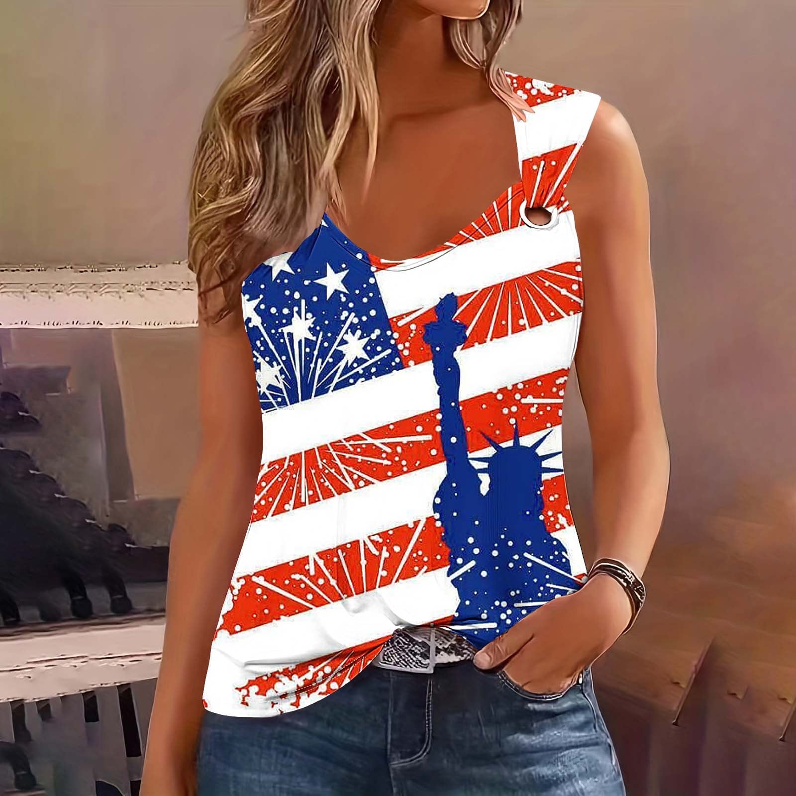 Save Big Ganfancp 4th Of July Women Tops Sleeveless Crew Neck Button