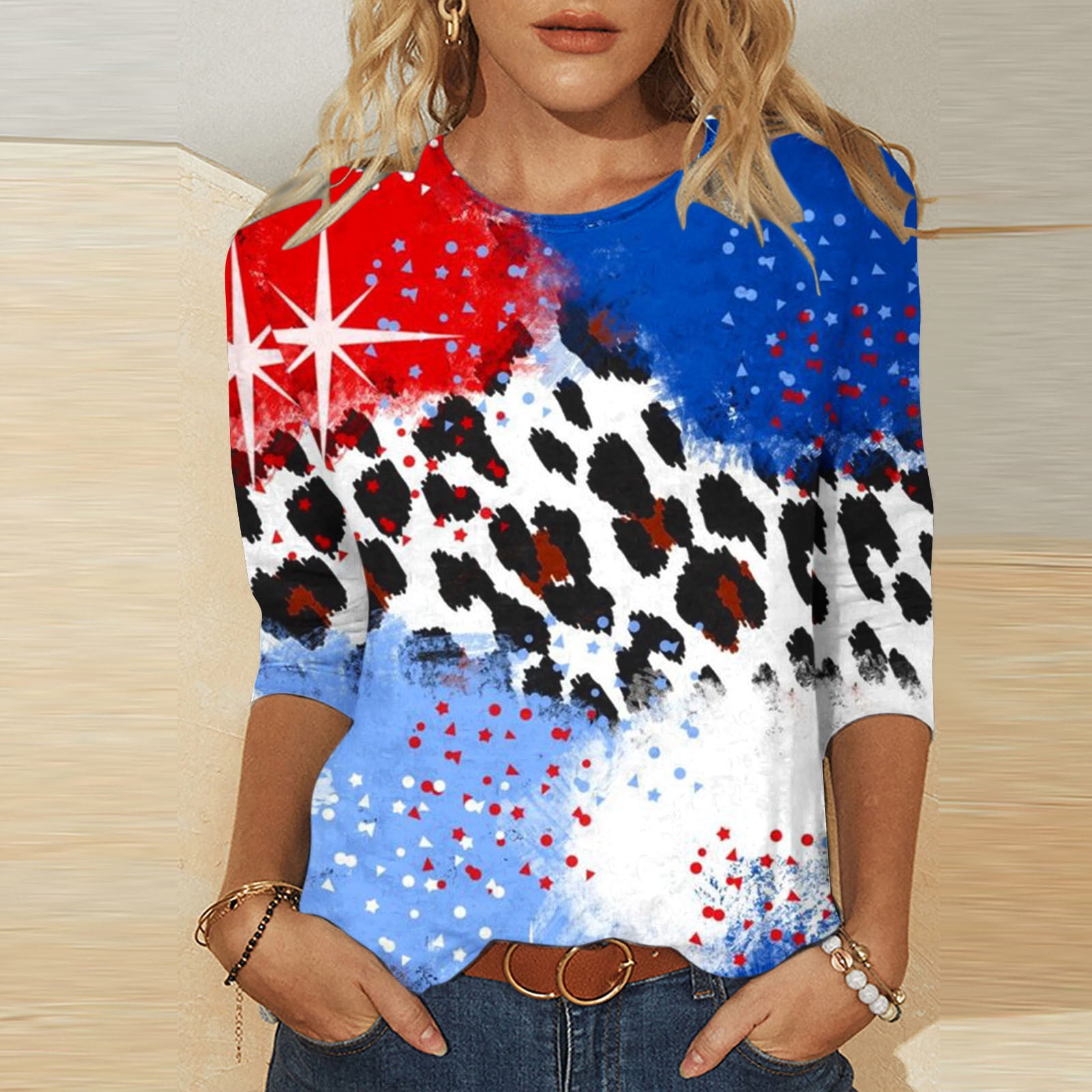 Save Big Ganfancp Independence Day Workout Women Tops 3 4 Sleeve Crew