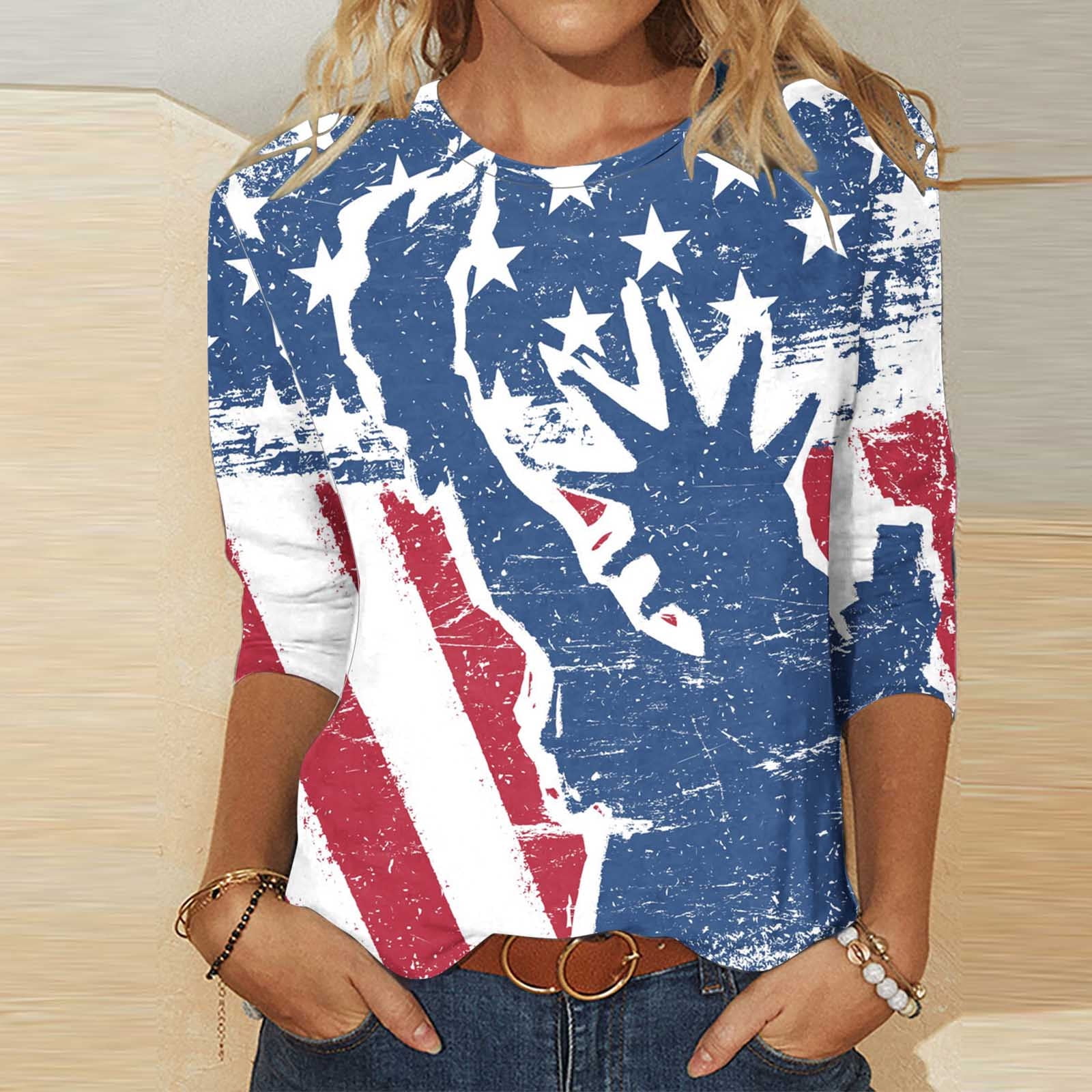 Save Big Ganfancp Independence Day Workout Women Tops 3 4 Sleeve Crew