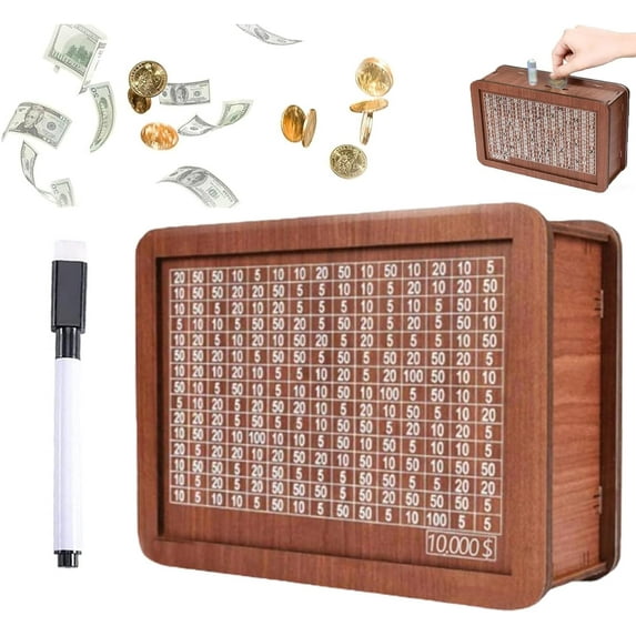 The Save Box, 10,000 Savings Challenge Box, Cash Vault Wooden Savings ...