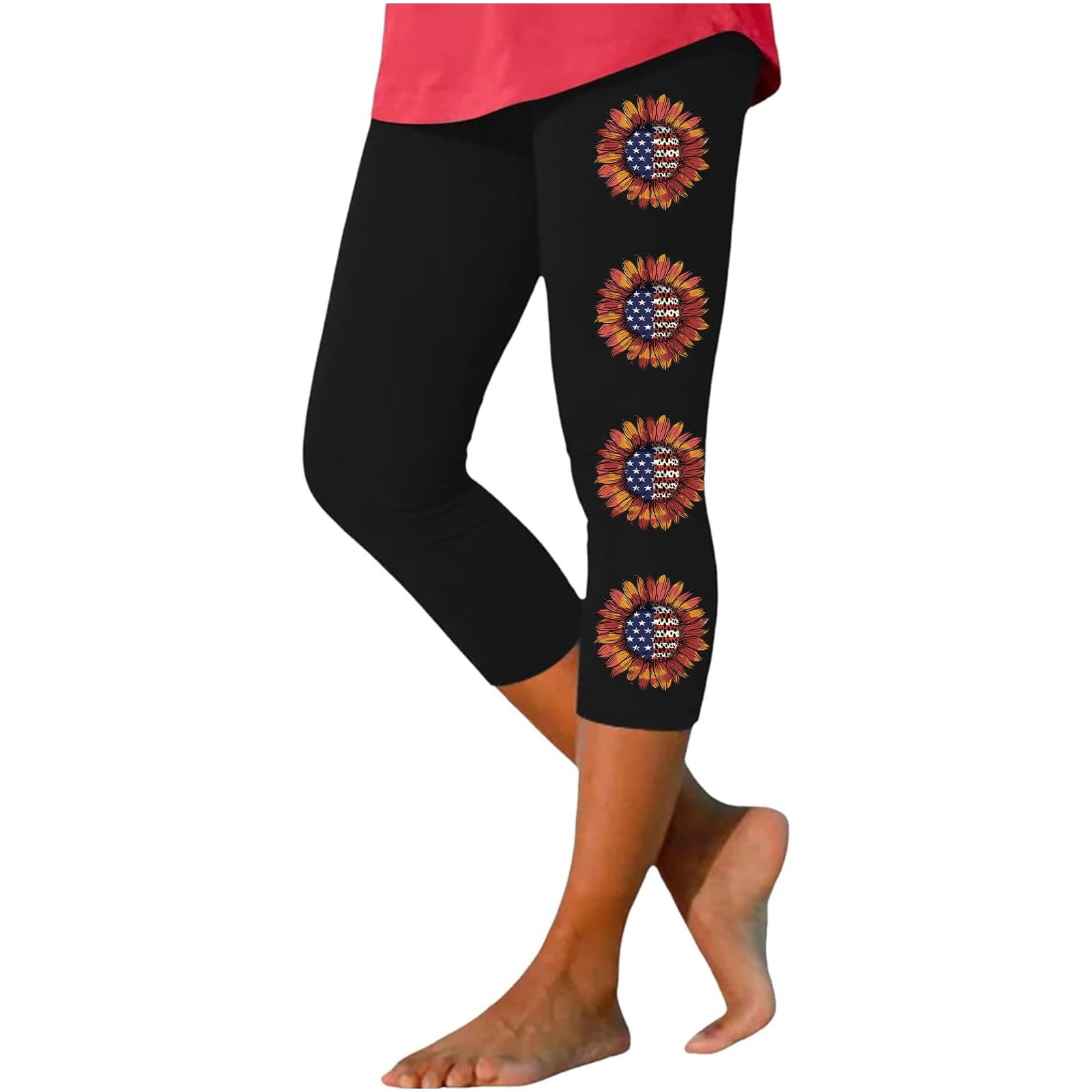 Save On Daisy Graphic Capris for Women Independence Day Leggings ...