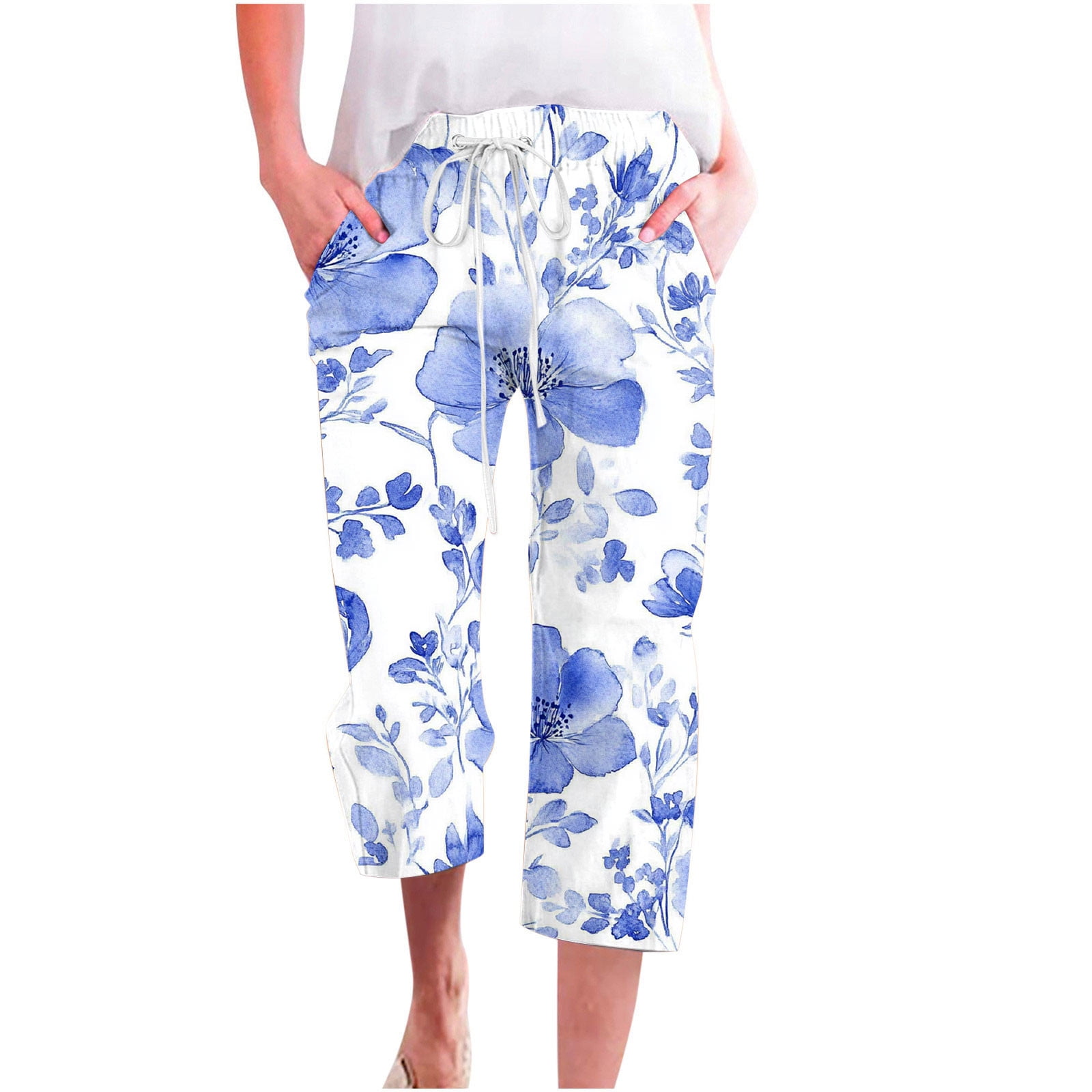 Save On Linen Painted Capris for Women Elastic High Waist Pants with ...