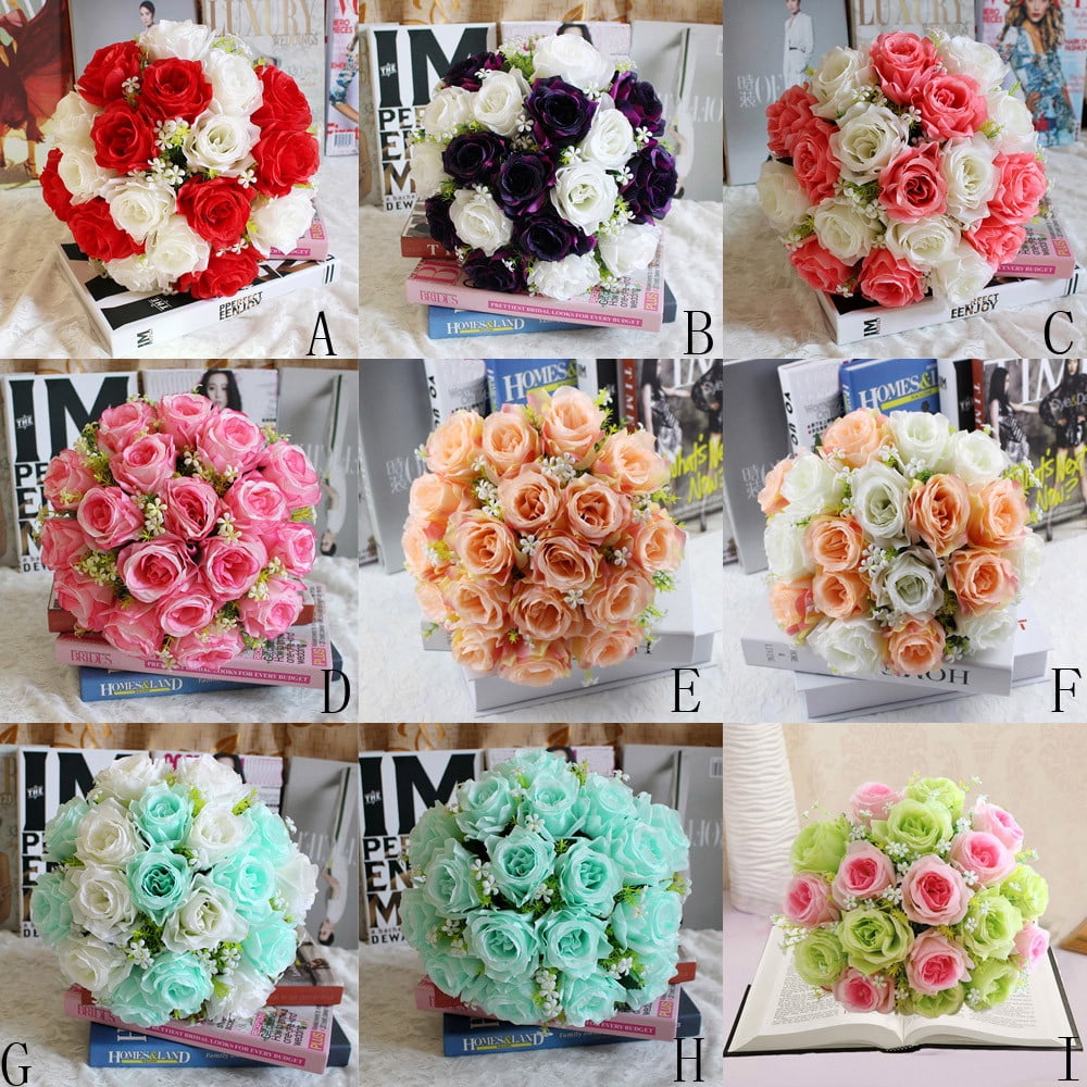 Save More, Artificial Rose Bridal Bouquet A, 18-head Faux Silk Wedding ...