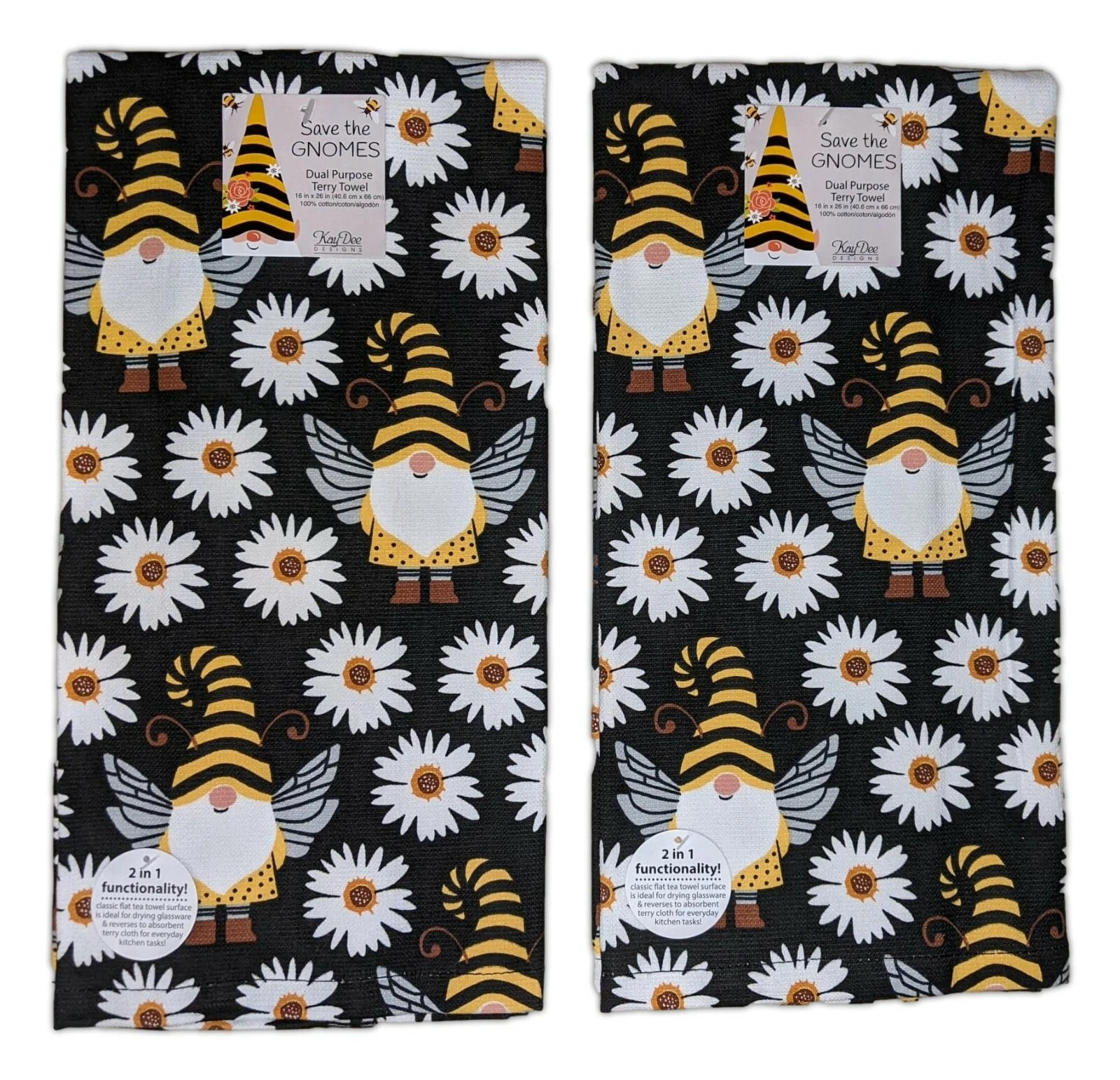 Save The Gnomes Honey Bee Gnome & Daisy Terry Kitchen Towels By Kay Dee ...
