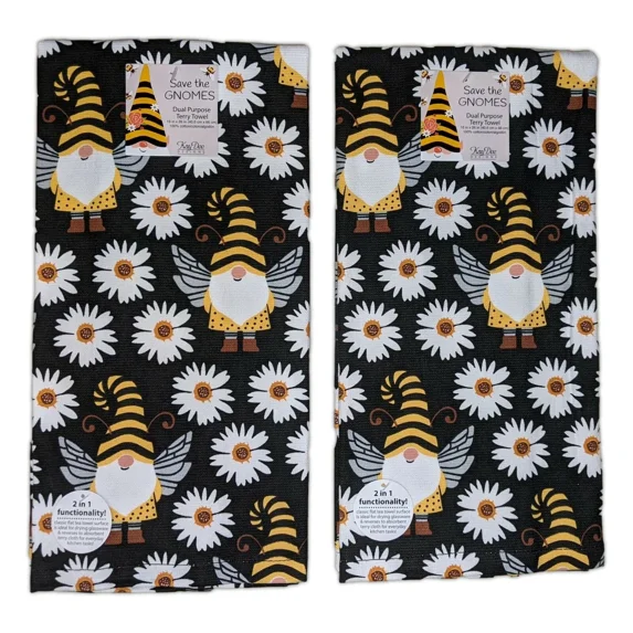 Save The Gnomes Honey Bee Gnome & Daisy Terry Kitchen Towels By Kay Dee ...
