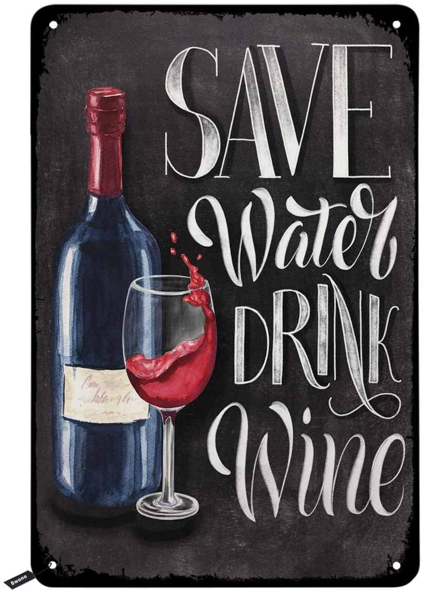 Save Water Drink Wine Tin Signs,Bottle and Glass on Black Chalkboard ...