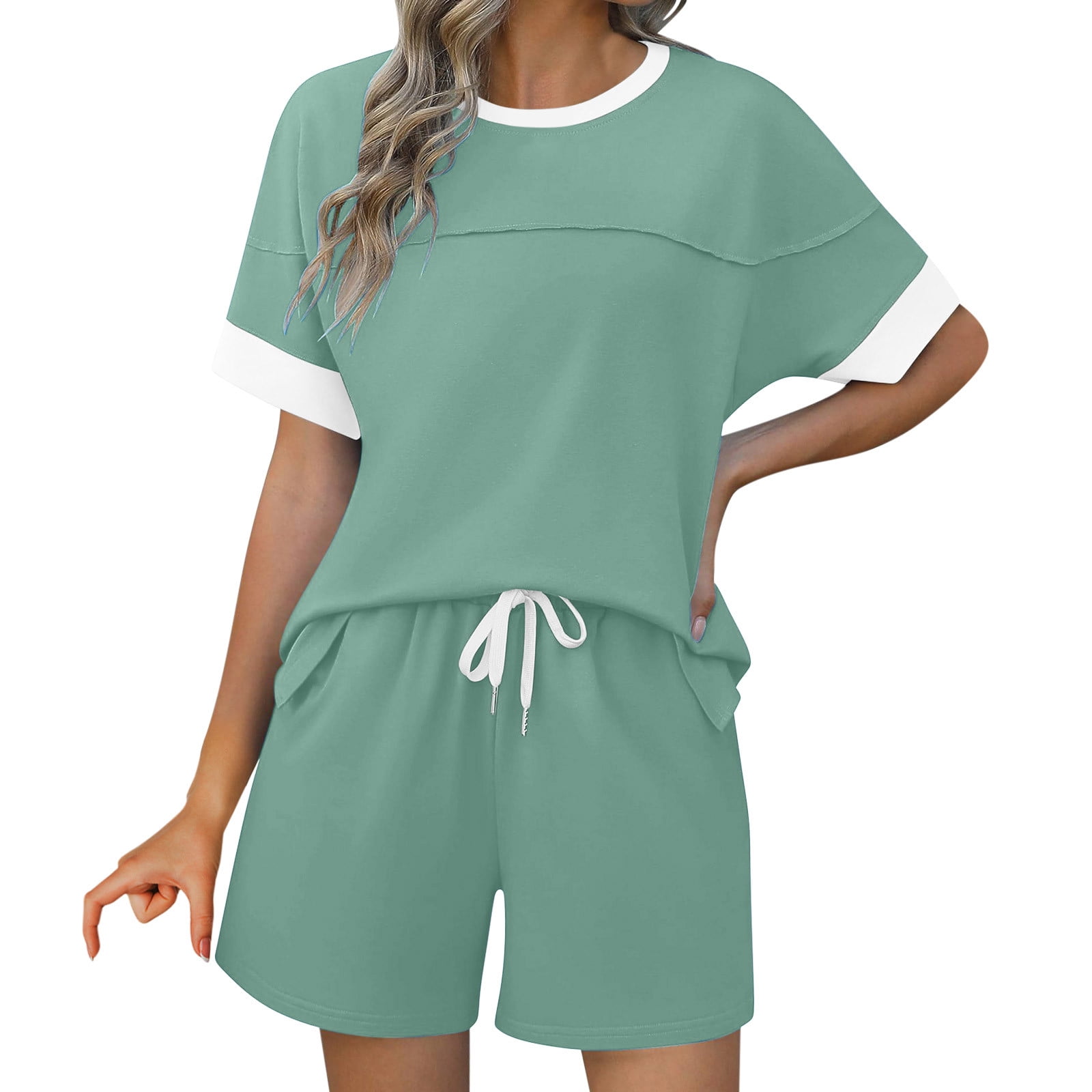Save On Womens Summer Sets with Pockets Crewneck Short Sleeves T-Shirt ...