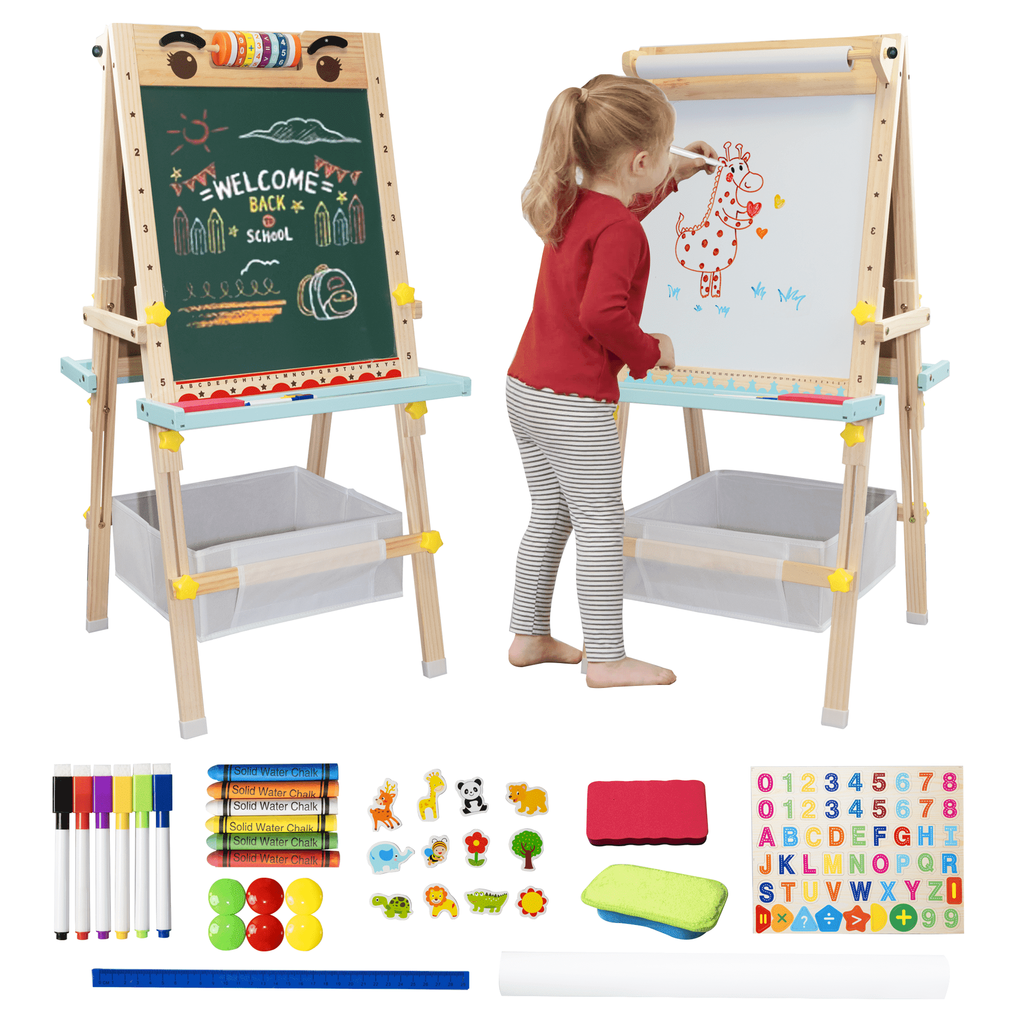 SaveJoy Kids Art Easel with Paper Roll,Double-Sided Adjustable Standing ...