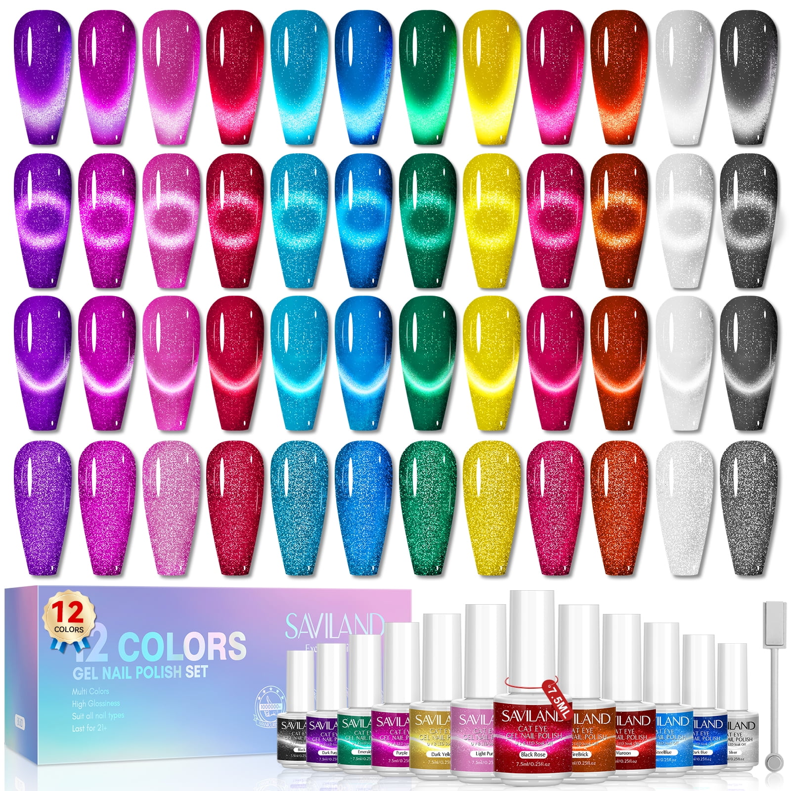 Saviland 12 Colors Cat Eye Gel Nail Polish Set - Holographic Magnetic ...