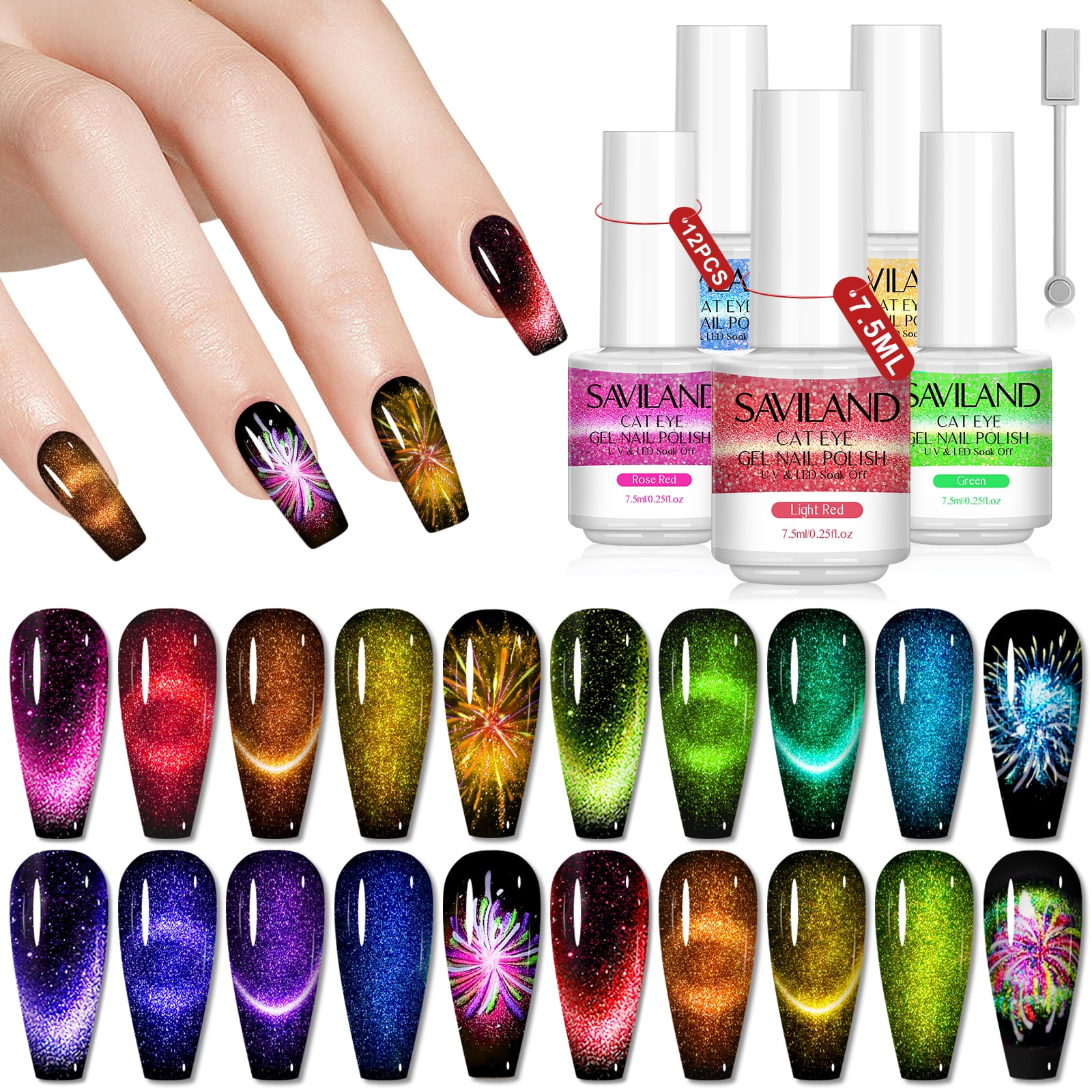 Saviland 12 Colors Cat Eye Gel Nail Polish Set Holographic Magnetic Nail Gel Polish Glitter U