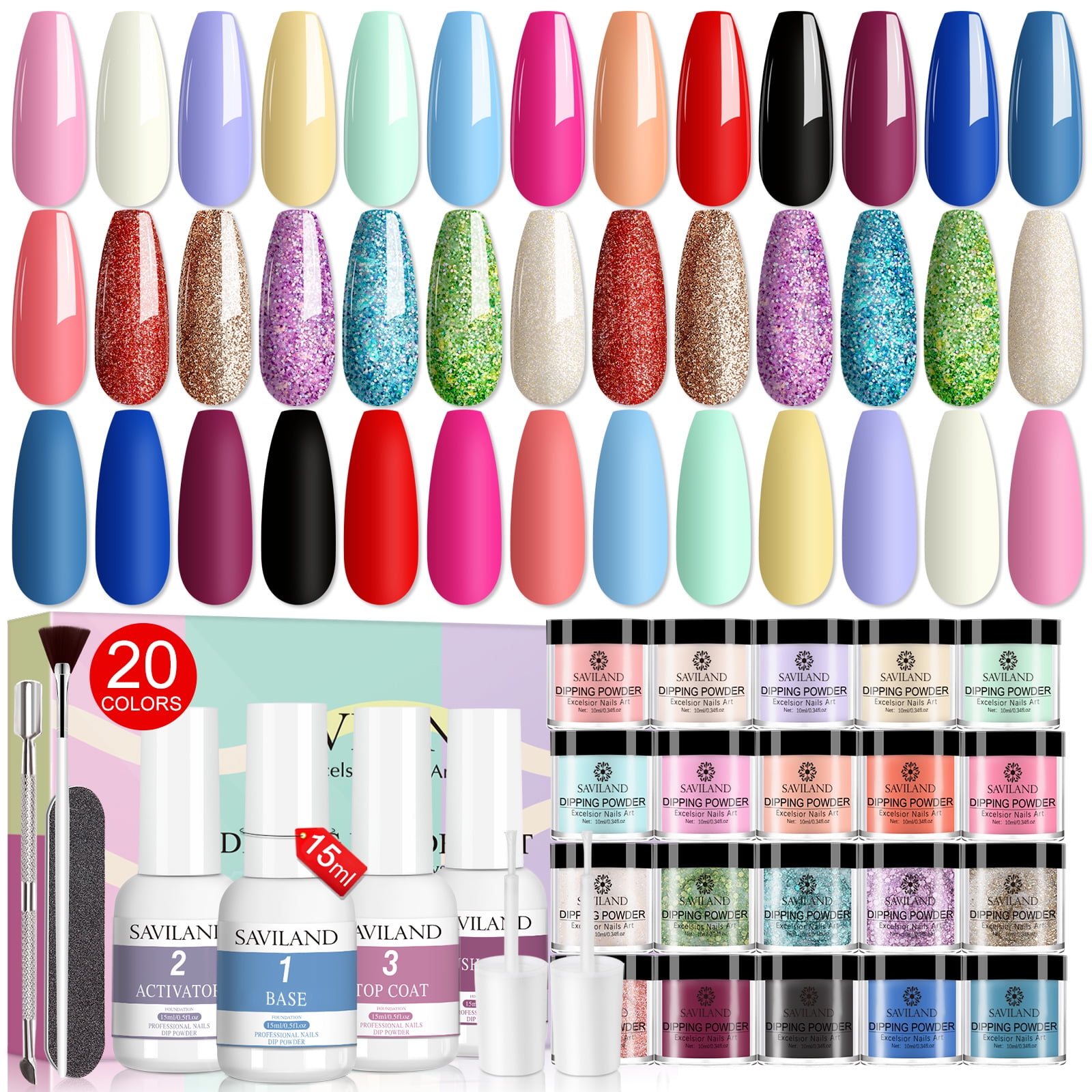 Saviland 29Pcs Dip Powder Nail Kit with Everything - 20 Colors Dipping ...