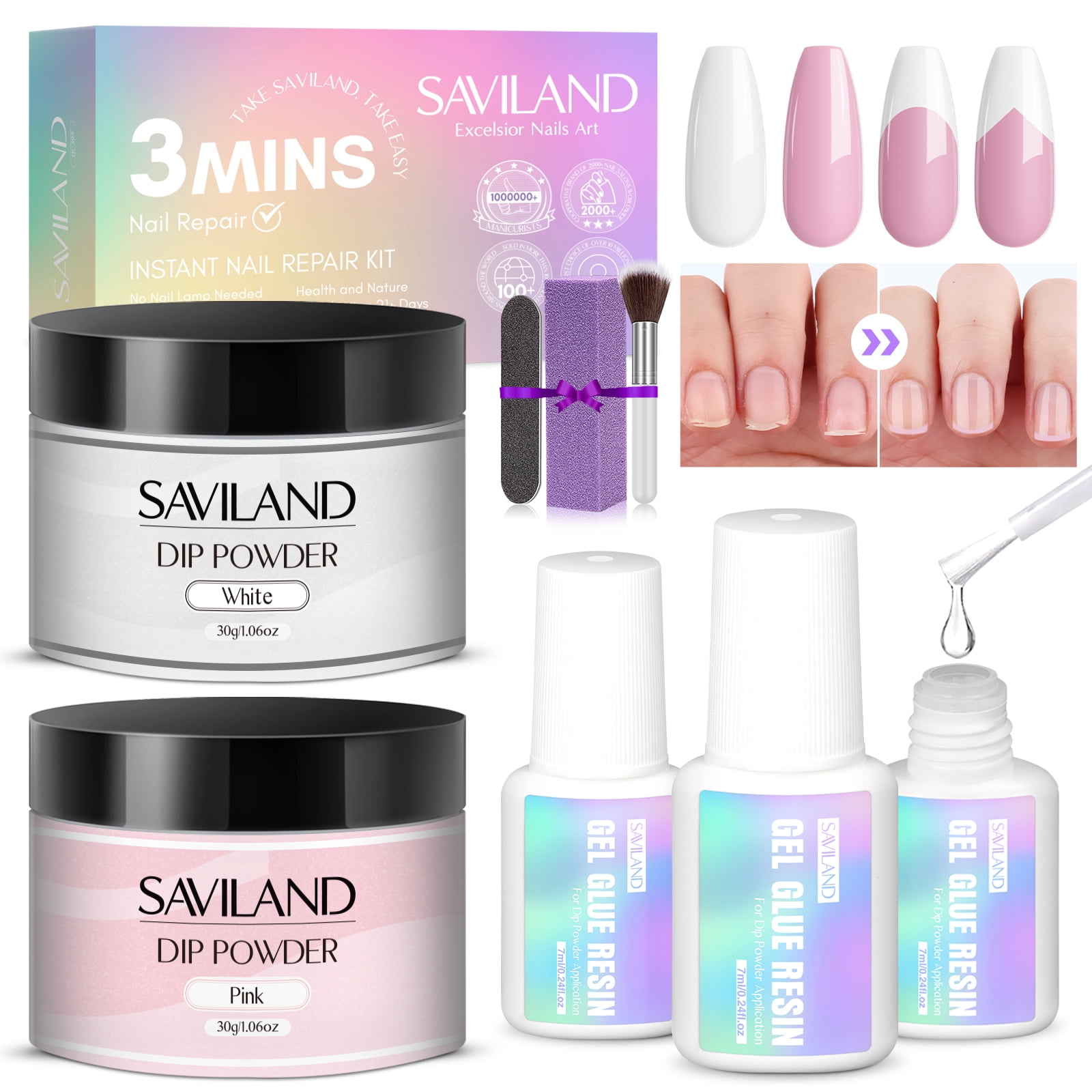 Saviland 3 Mins Instant Nail Repair Kit - Pink & White Dip Powder and ...
