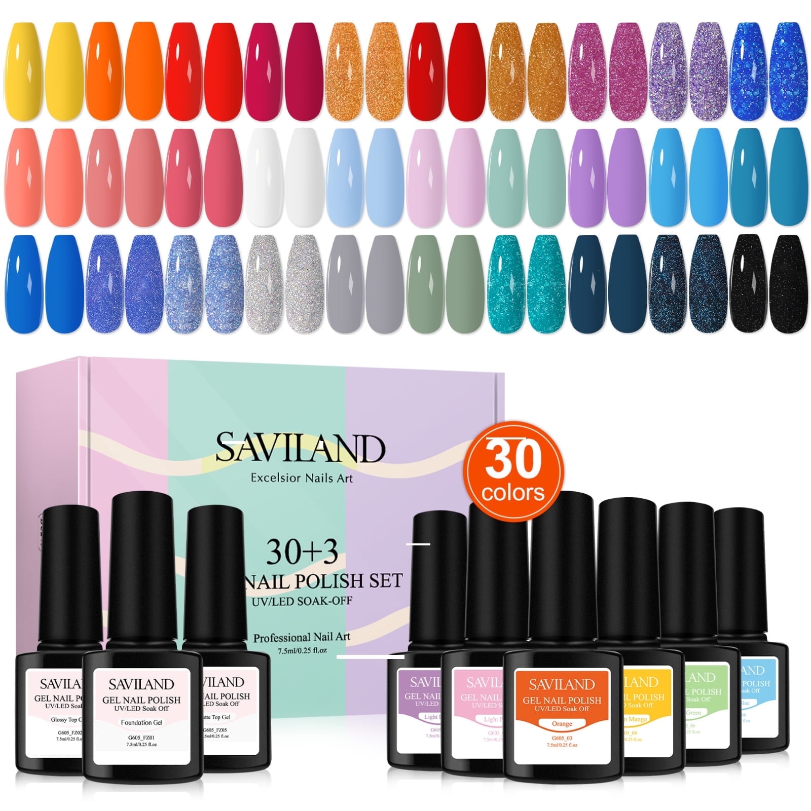 Saviland Gel Nail Polish Set, 33 Colors, UV/LED Soak-Off, Base Coat ...
