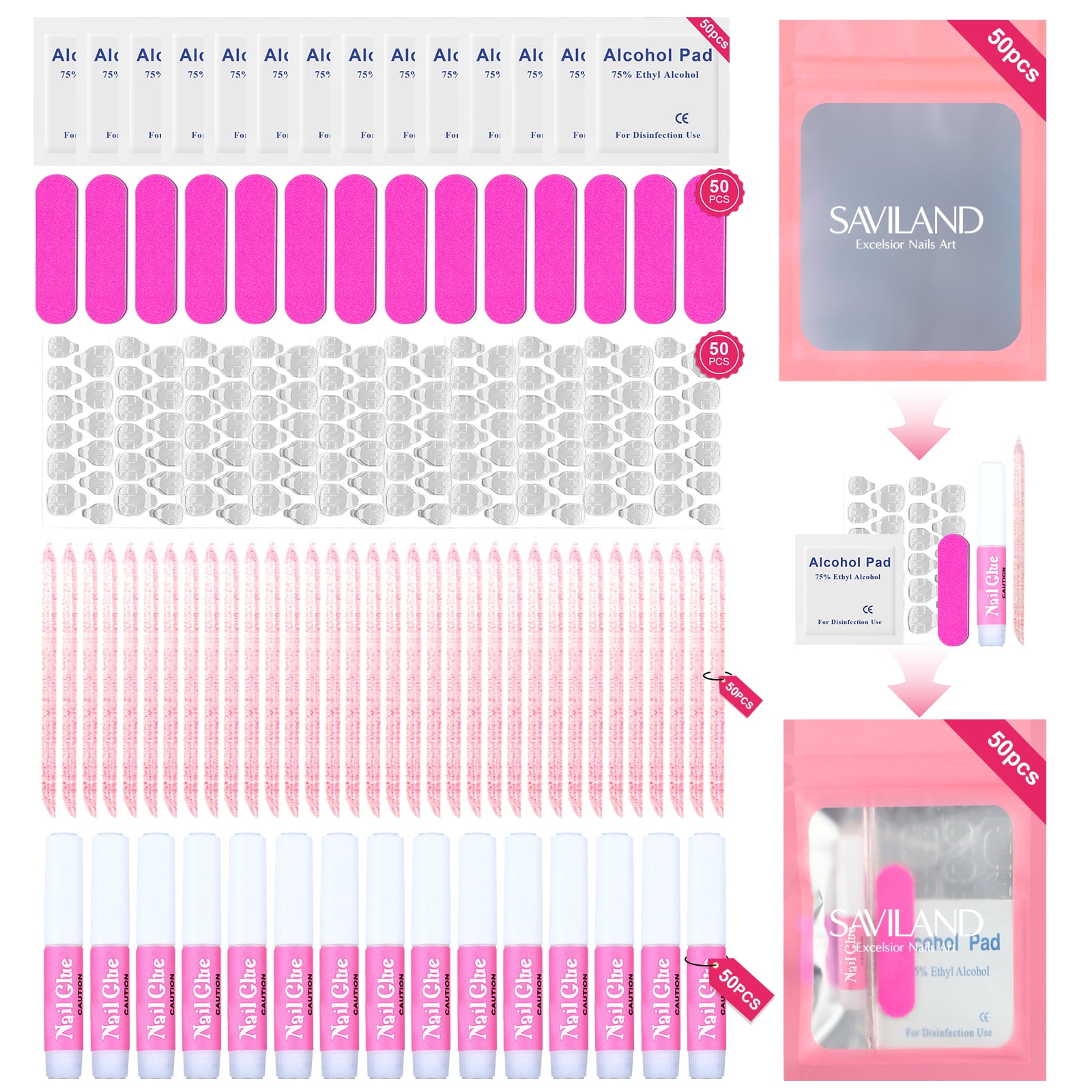 Saviland 50PCS Press on Nail Tool Kit: Nail Glue, Nail Adhesive Tabs ...