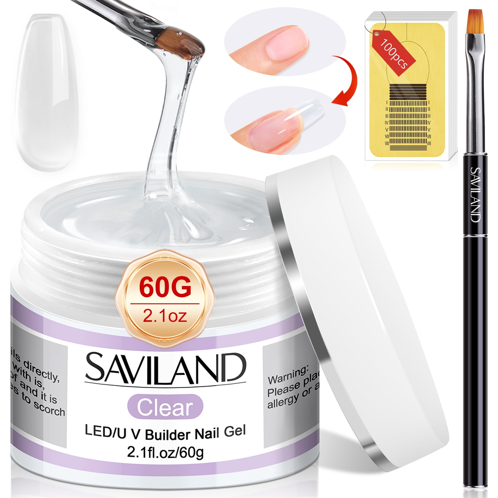 Saviland 60g Clear Nail Builder Gel for Nail Extension, 100PCS Nail ...